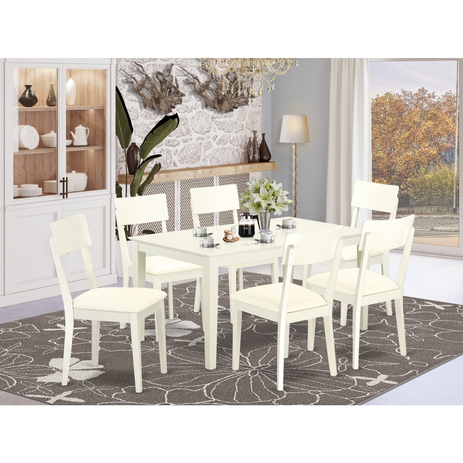 Modern 7 Piece Dining Set - Linen White Table & Chairs for 6 ...