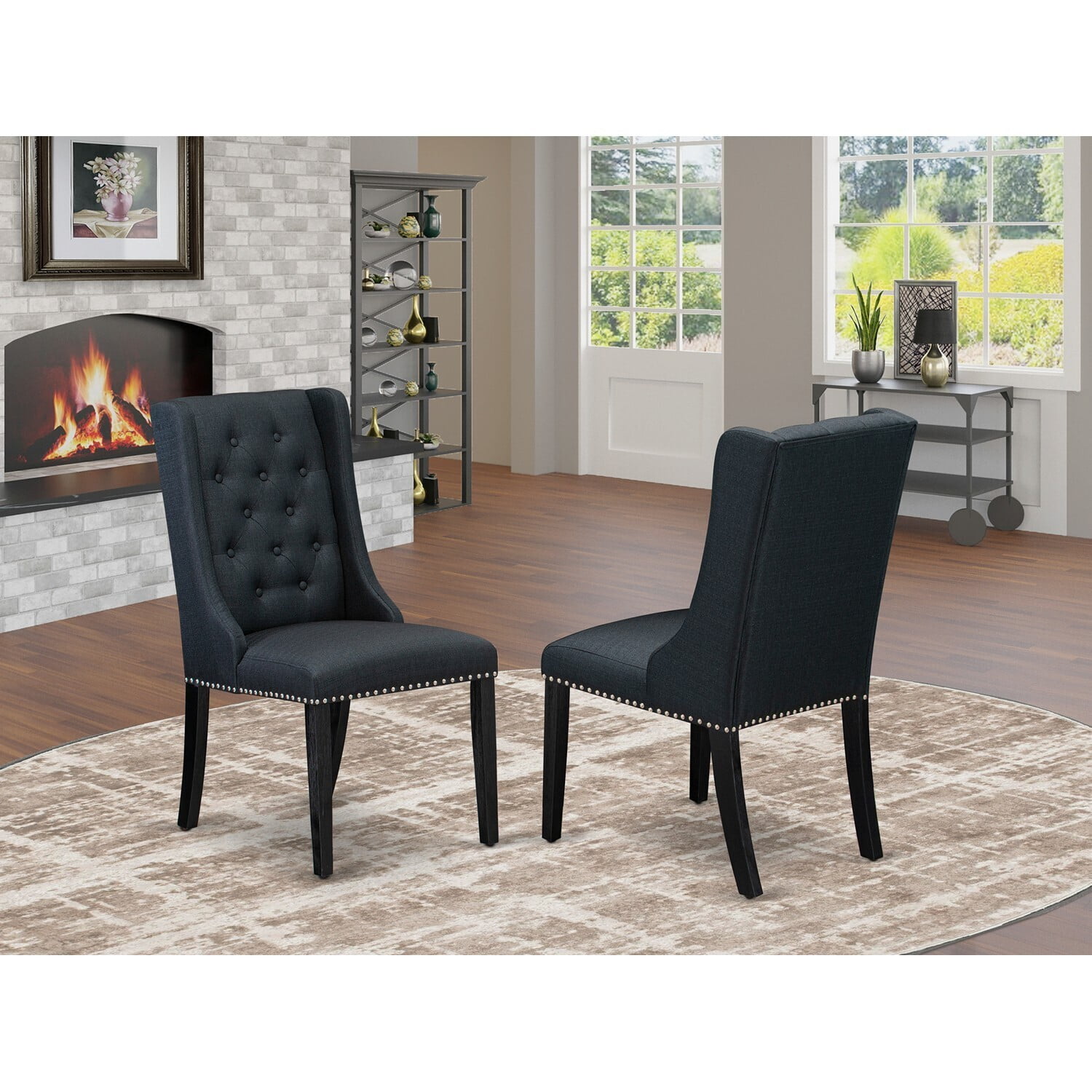 Modern Parson Dining Chairs Set of 2 - Black Linen Fabric Tufted Back ...