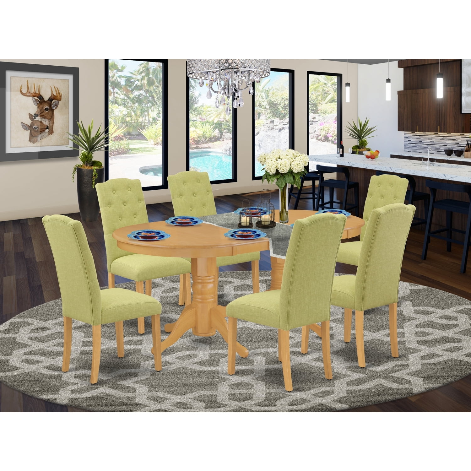 7Pc Dinette Set - Oval Dining Table with Leaf6 Parson Chairs - Oak ...