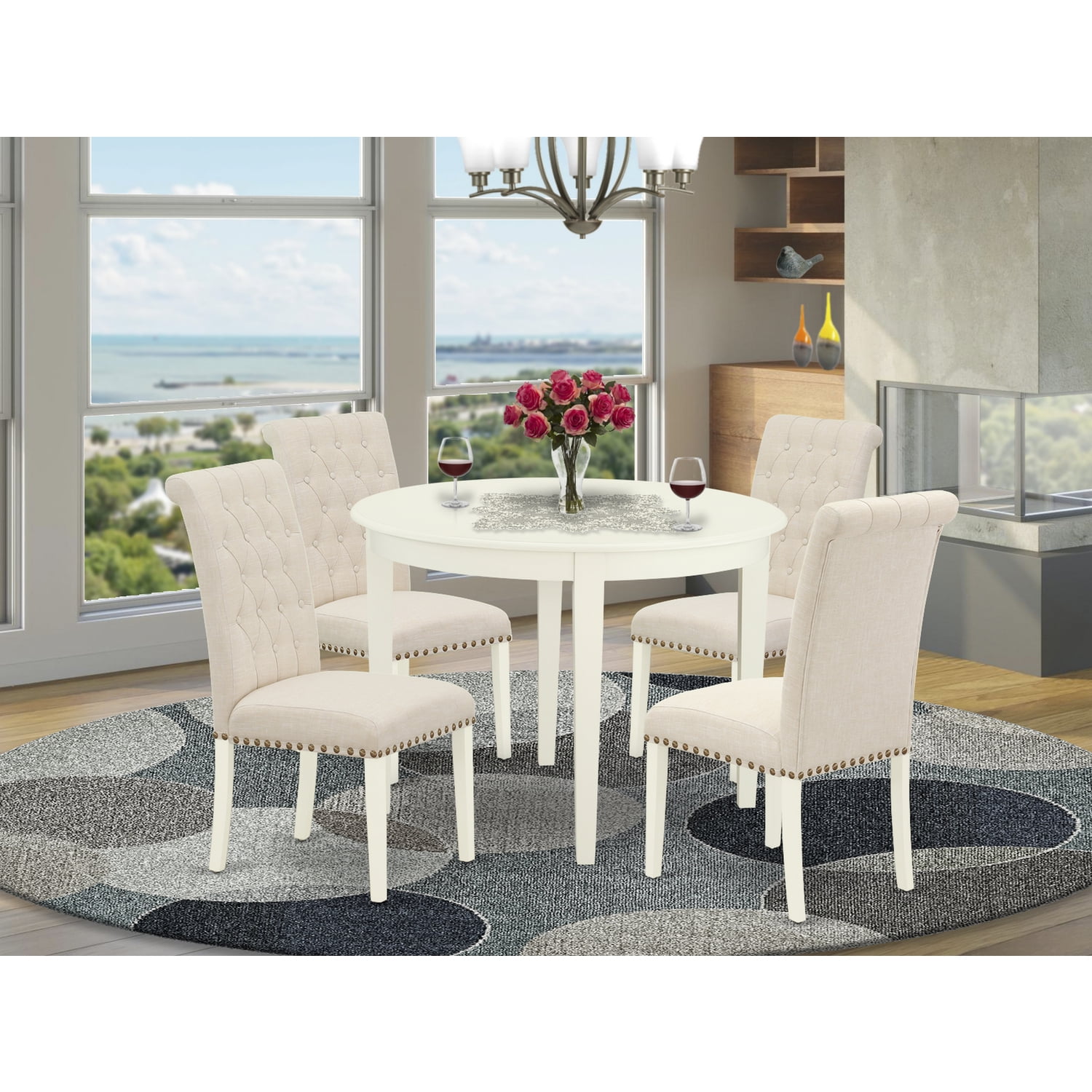 HomeStock Naturally Nice 5Pc Dining Set Includes A Small Round Dinette Table And Four Parson Chairs With Light Beige Fabric White Finish