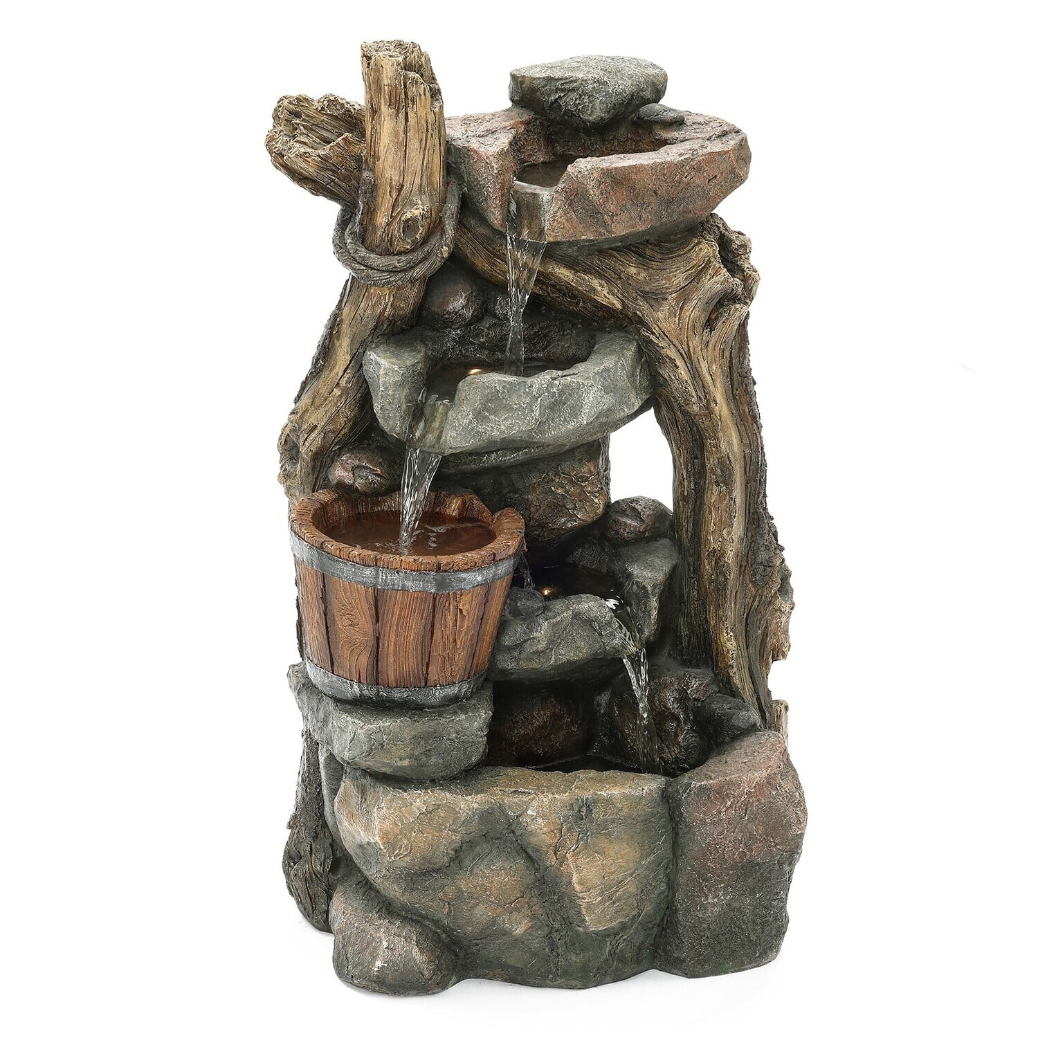 Outdoor Fountain Resin Rock Wall Barrel Lights Tranquil Garden Water ...