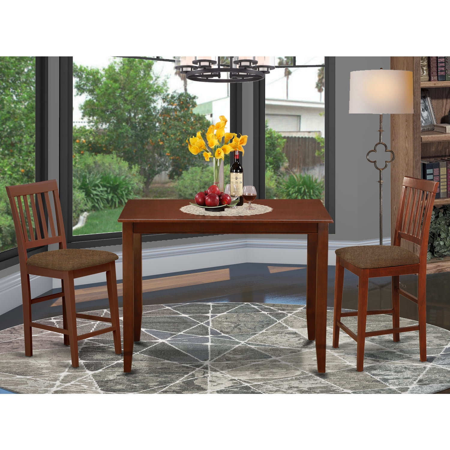 Counter Height Dining Set - 3 Piece Pub Table & Chairs - Mahogany ...