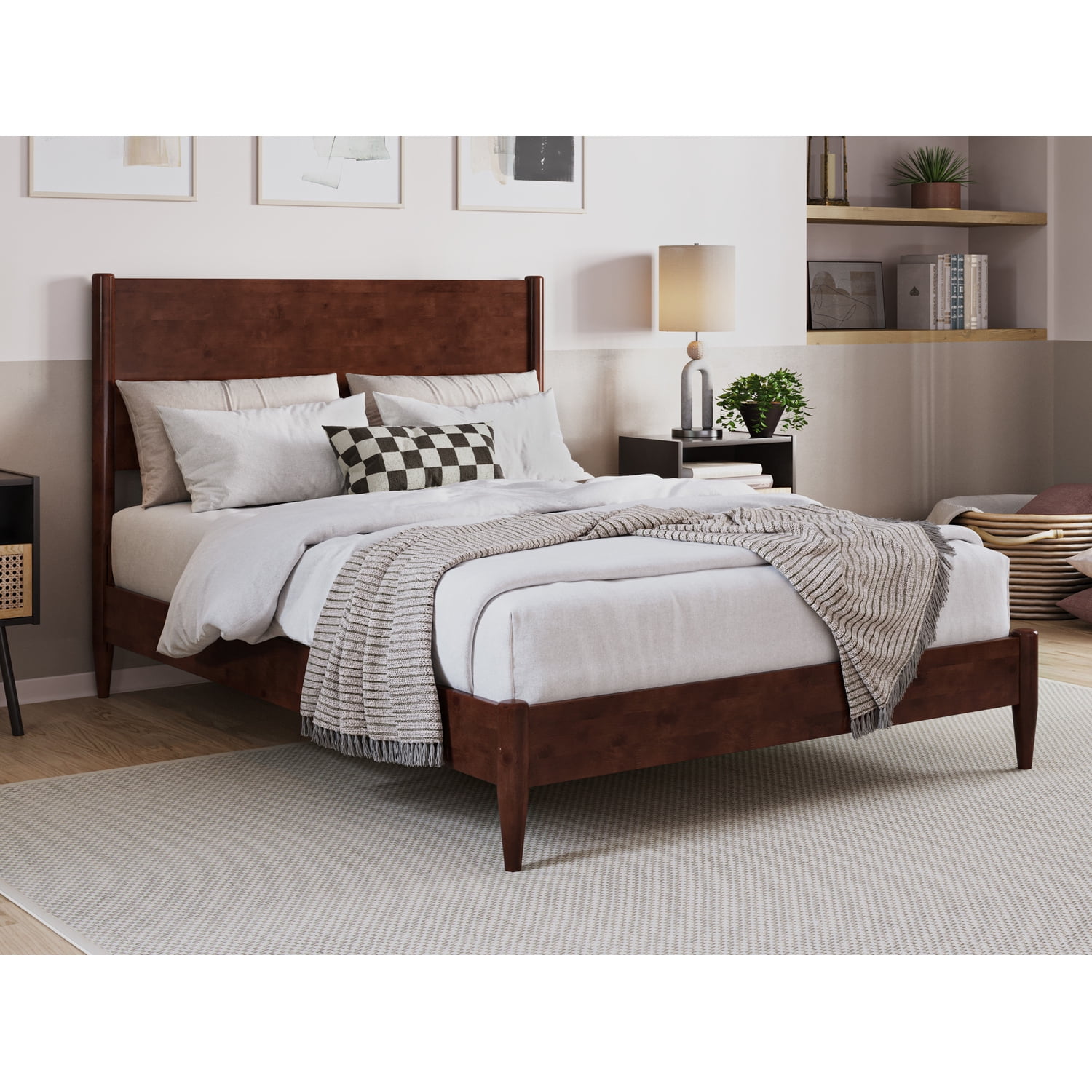 Solid Wood Low Profile Platform Bed - Walnut Finish, Modern Bedroom ...