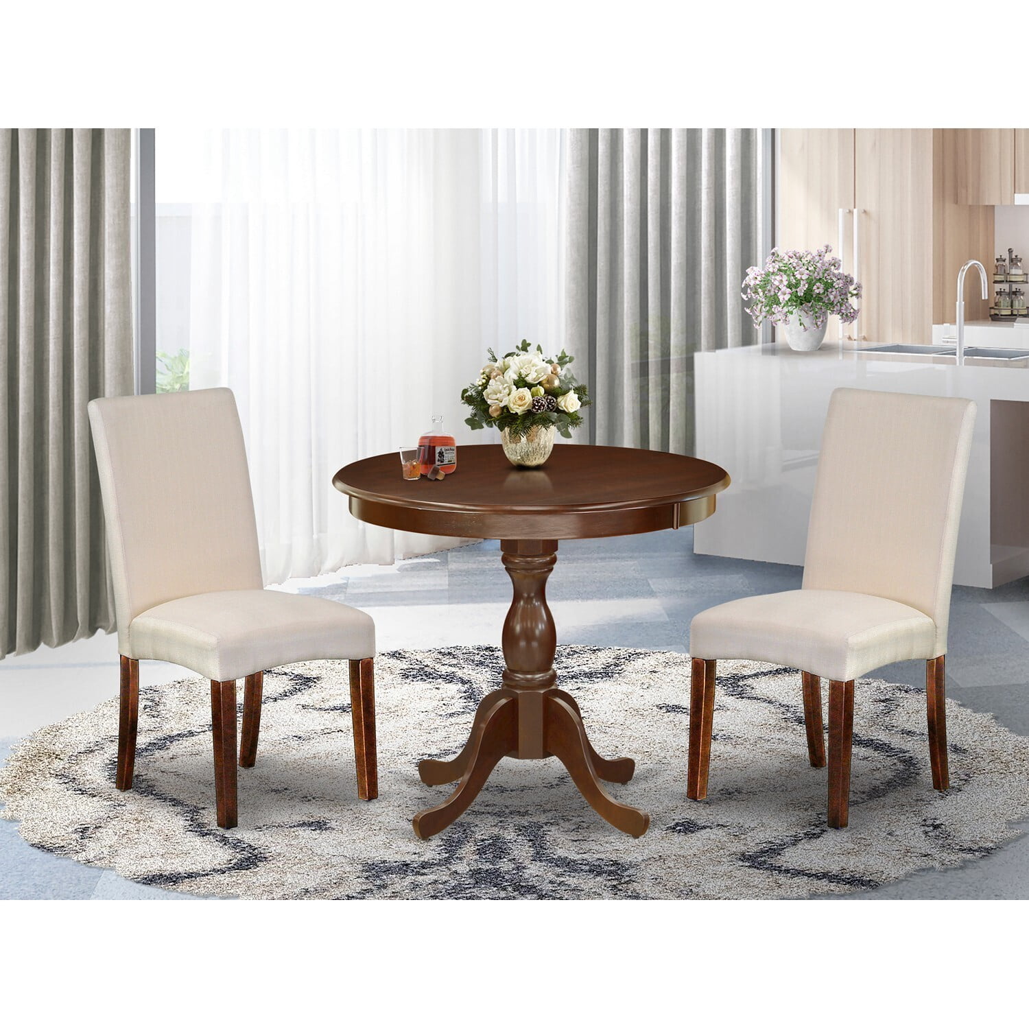 3 Piece Dining Table Set - Wood Table with 2 Linen Fabric Chairs ...