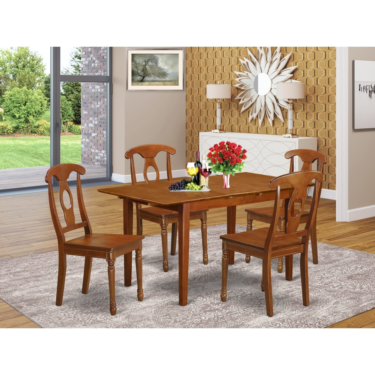 5 Piece Dining Room Set - Kitchen Table with Leaf & 4 Chairs - Saddle ...