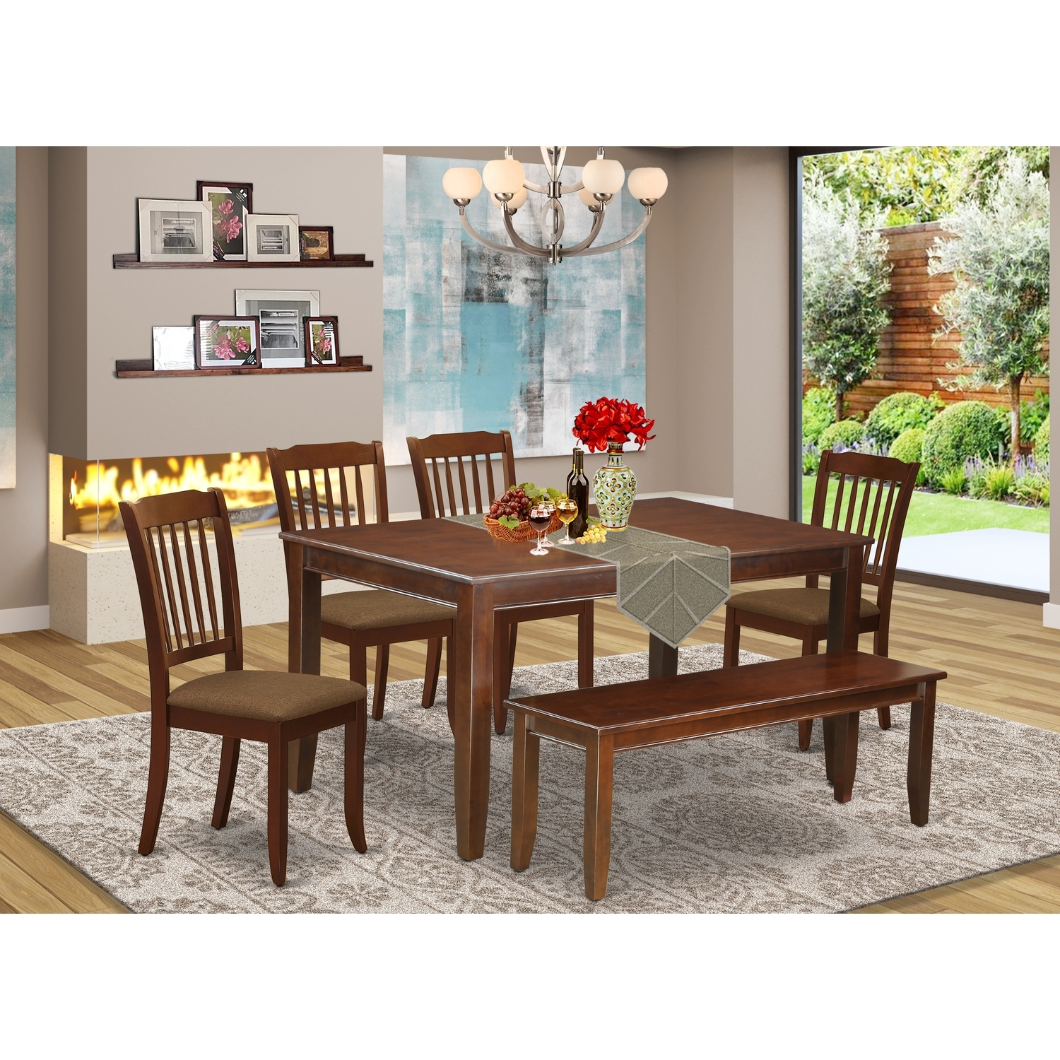 6-Piece Dining Set - Rectangle Table, 4 Linen ChairsBench - Mahogany ...