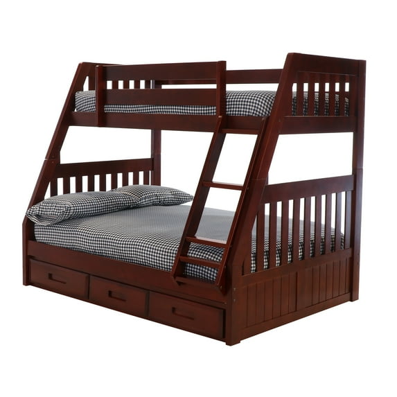 HomeStock Renaissance Revival Solid Pine Twin over Full Bunk Bed with Three Drawers in Rich ...