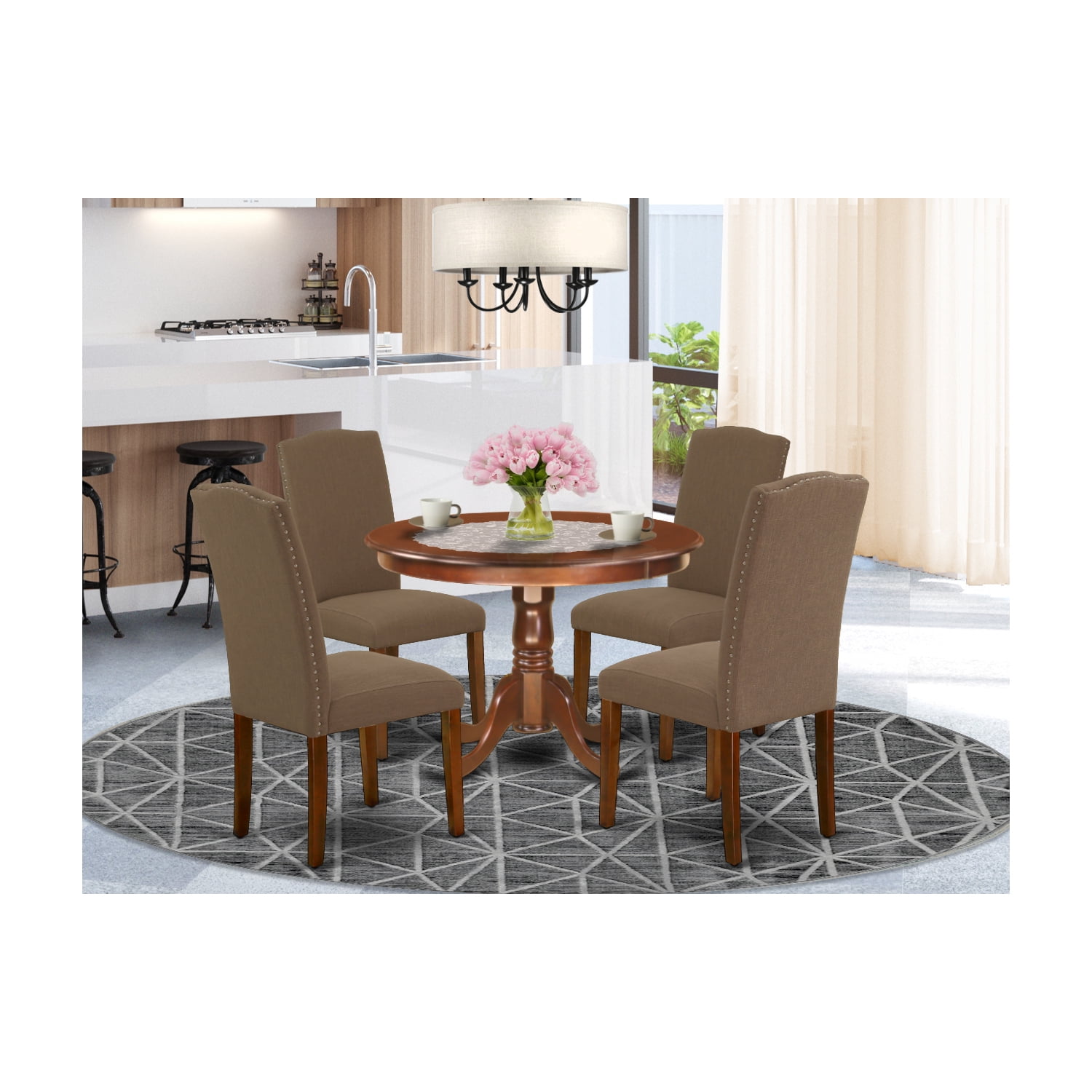 Round Dinette Set 5Pc - 42 Inch Table & 4 Chairs - Linen Fabric - Dark ...