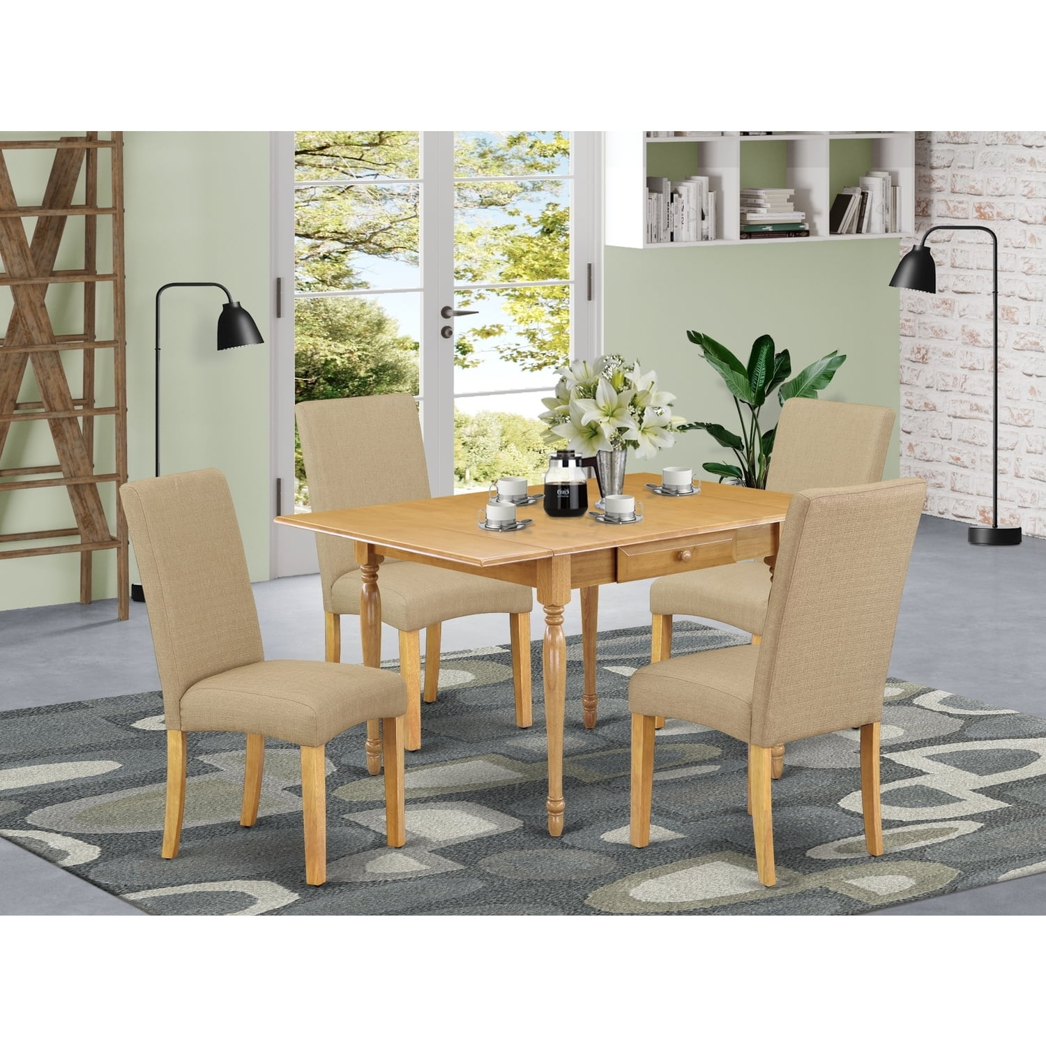 Retro Kitchen Table Set with 4 Chairs - Linen Fabric Dining Set - Oak ...