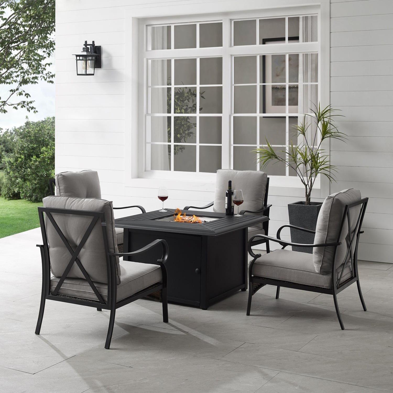 5-Piece Outdoor Metal Conversation Set w/ Fire Table - Taupe & Matte ...