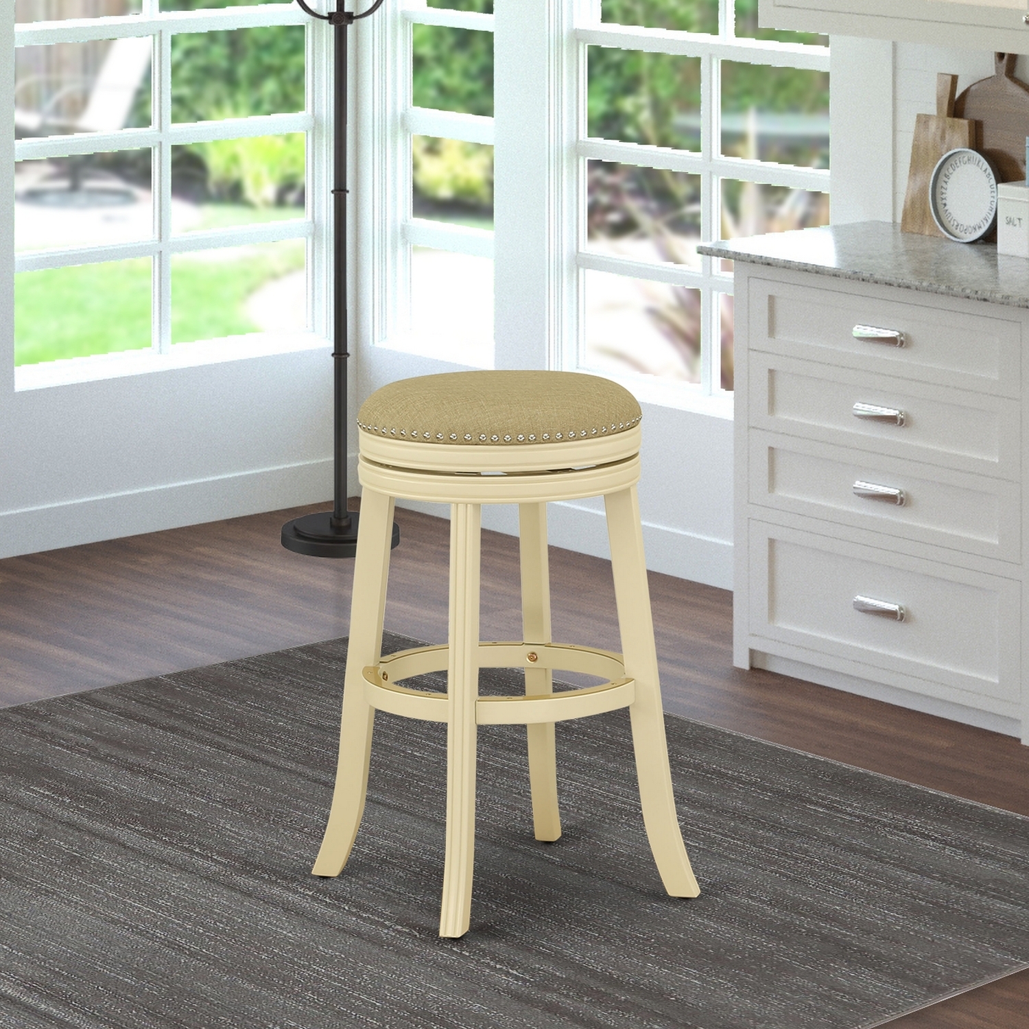 HomeStock Retro Revival Devers Swivel Backless Barstool 30'' Seat Height With Linen White Leg ...