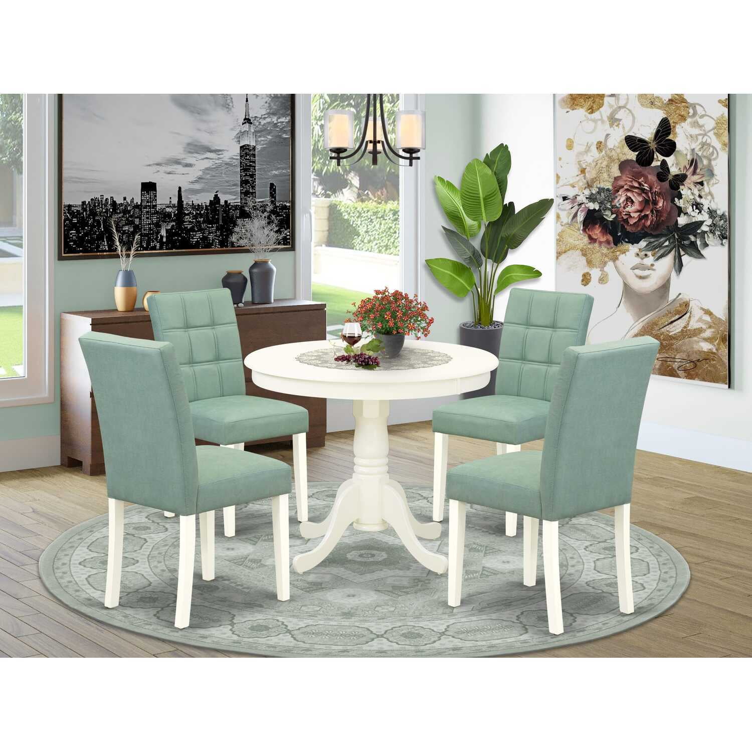 Round Pedestal Dining Table Set with 4 Chairs - Linen White Kitchen ...