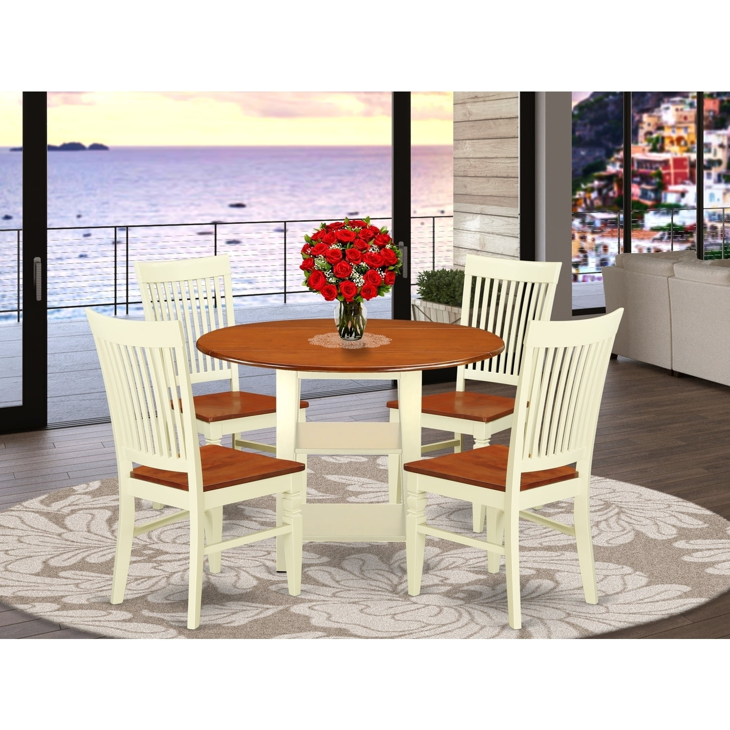 5 Piece Dinette Set - Round Table & 4 Chairs - Buttermilk Cherry Finish ...