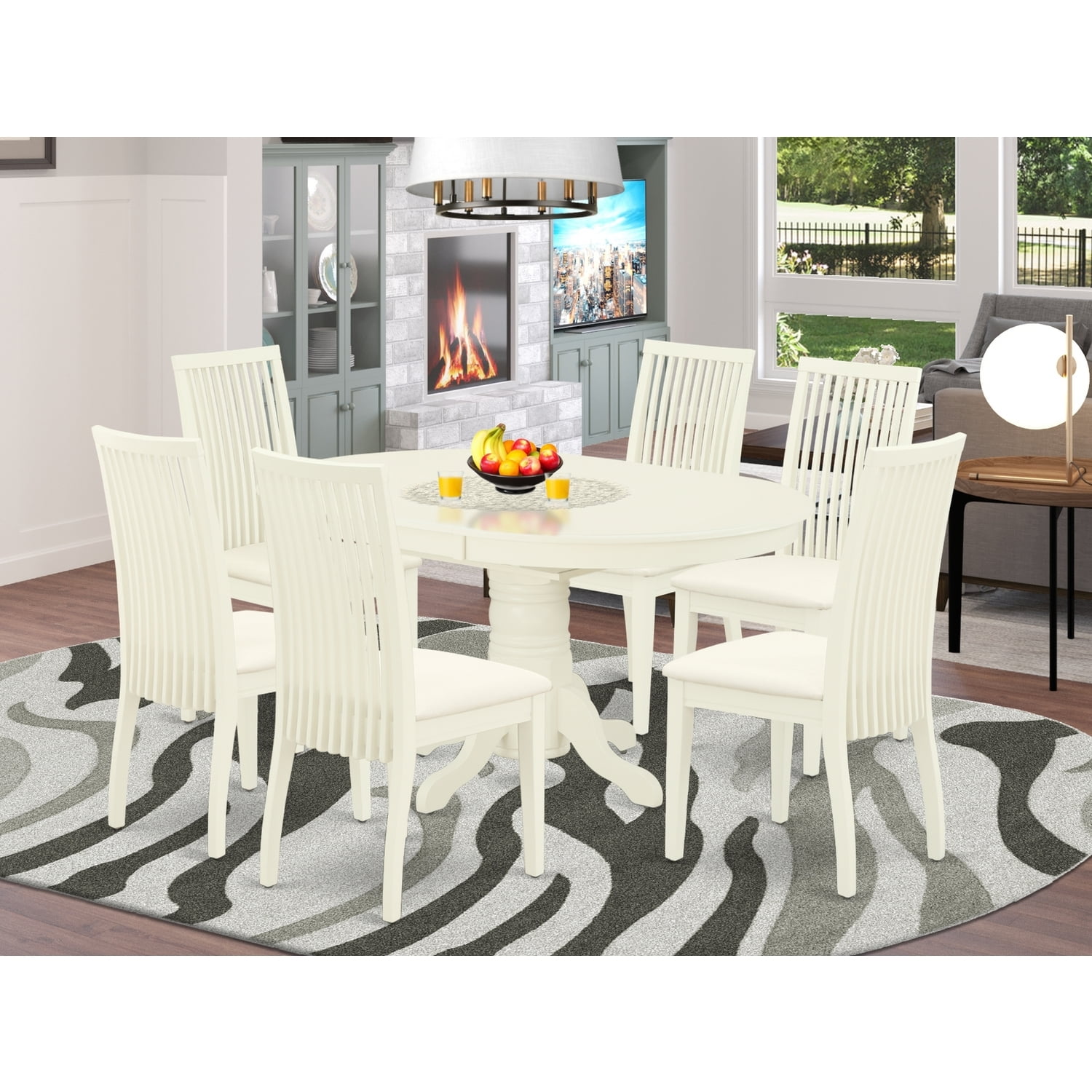 7Pc Rustic Ranch Dinette Set - Oval Kitchen Table6 Linen Chairs - Linen White Finish - Walmart.com