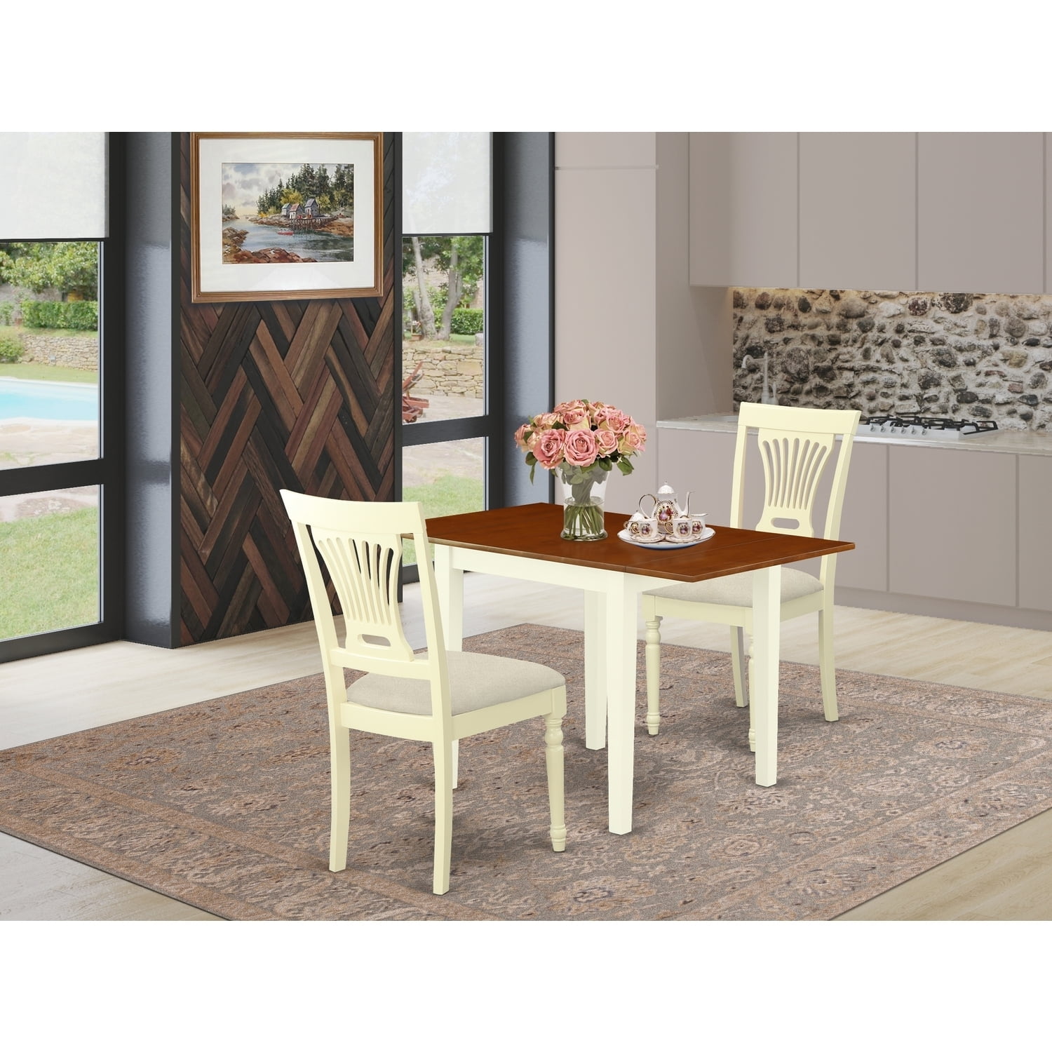 Rustic Dinette Set - 3 Piece Kitchen Table & Chair Set - Buttermilk ...