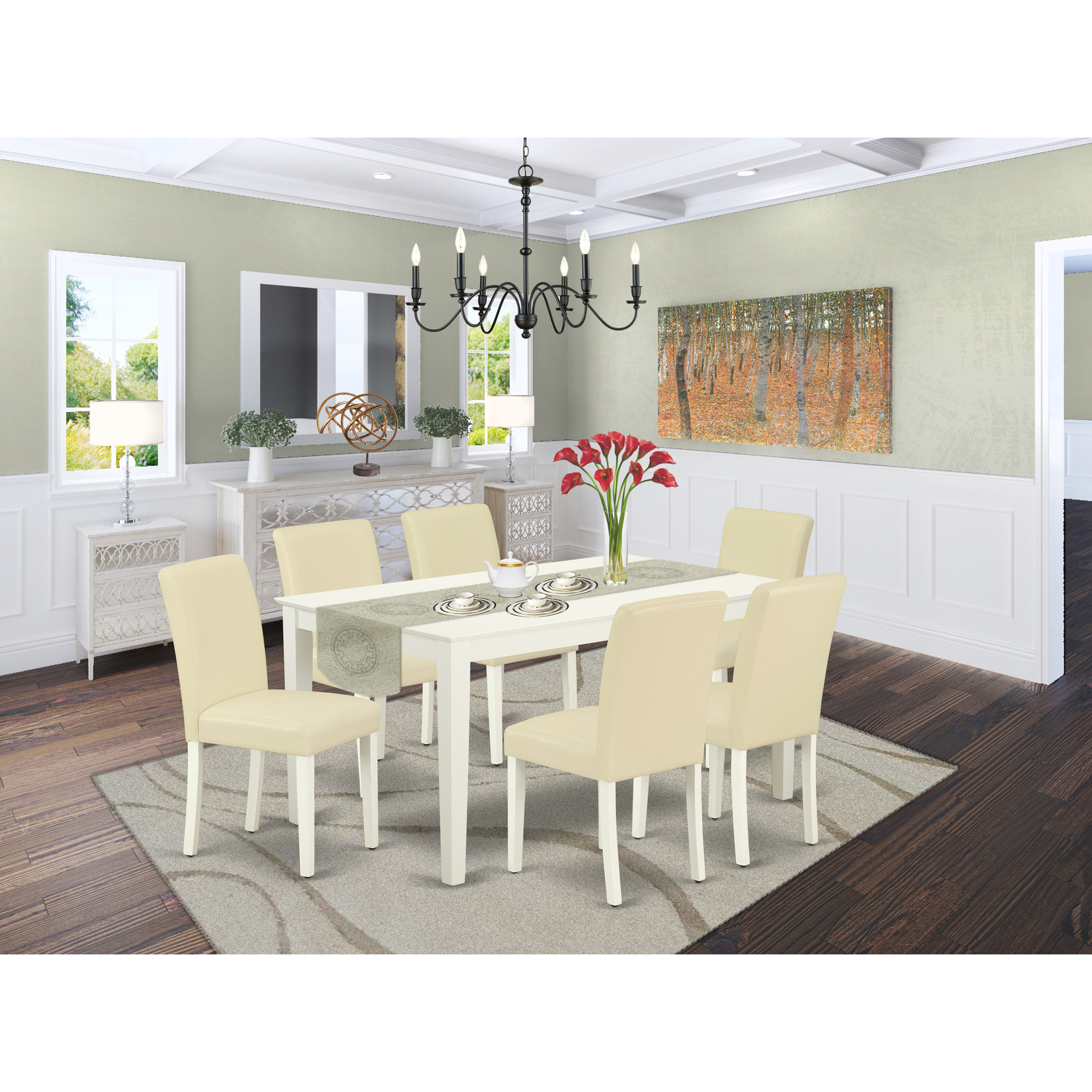 Rustic Dining Set 7Pc Rectangle Table & 6 Chairs - Linen White Legs, PU Leather Seating ...