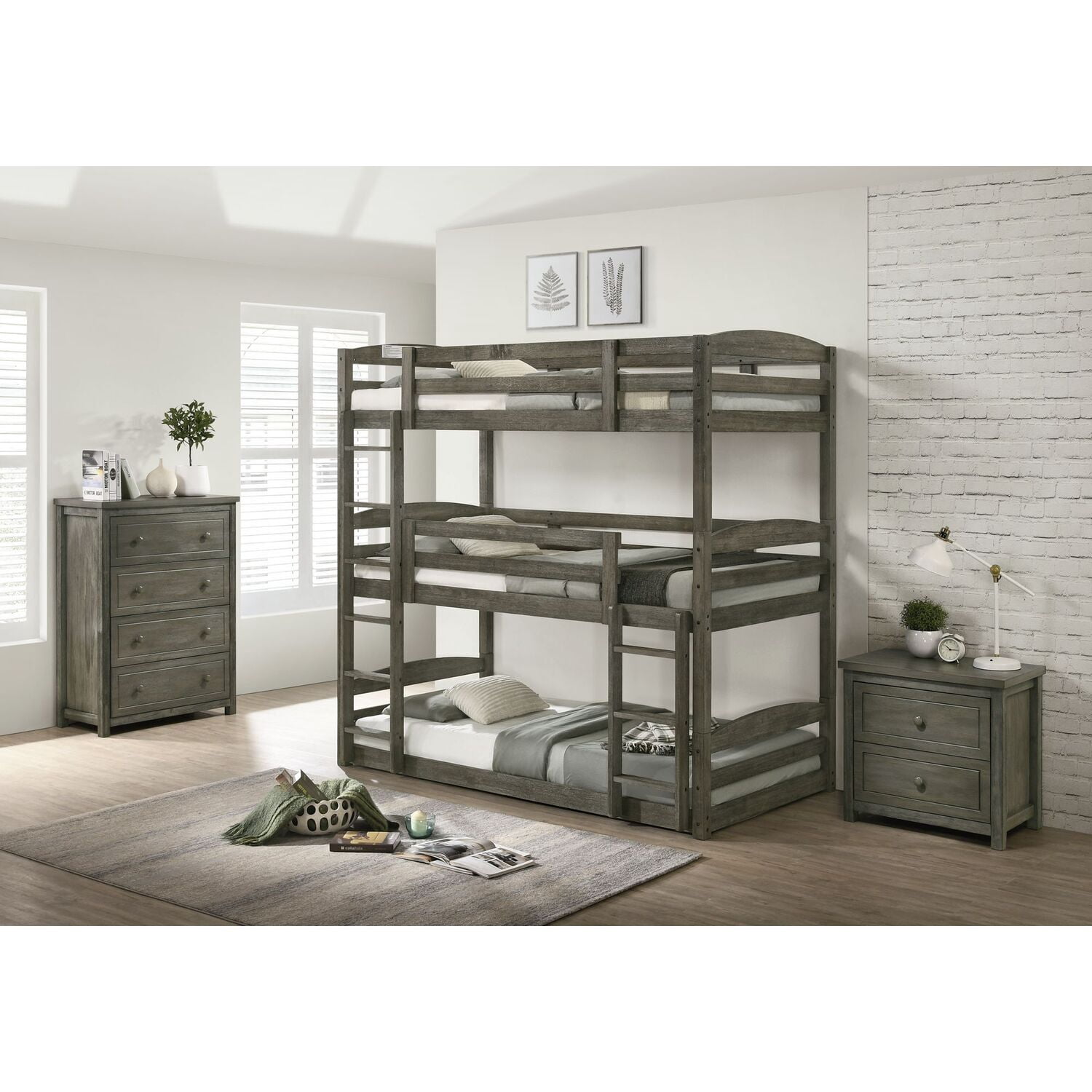 HomeStock Rustic Recluse Twin Bunk 3 Piece Bedroom Set in Grey Wire ...