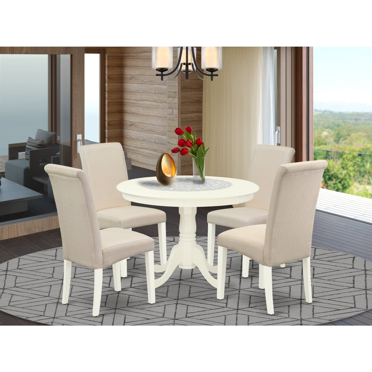 Round Dinette Set 5 Piece - Kitchen Table4 Chairs - Linen White Finish ...
