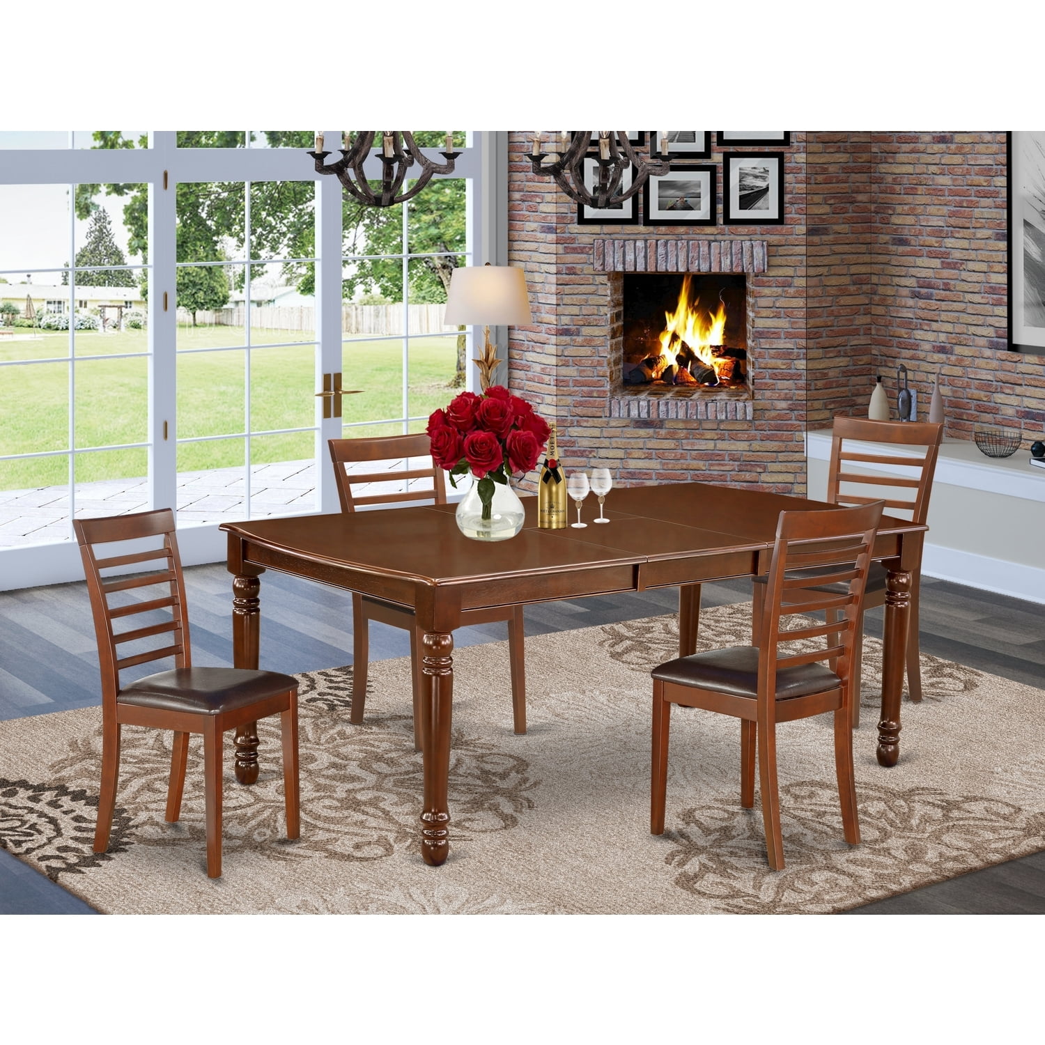 Rectangular Dining Table Set 5pc 60-78" Table w/ Leaf & 4 Faux Leather ...