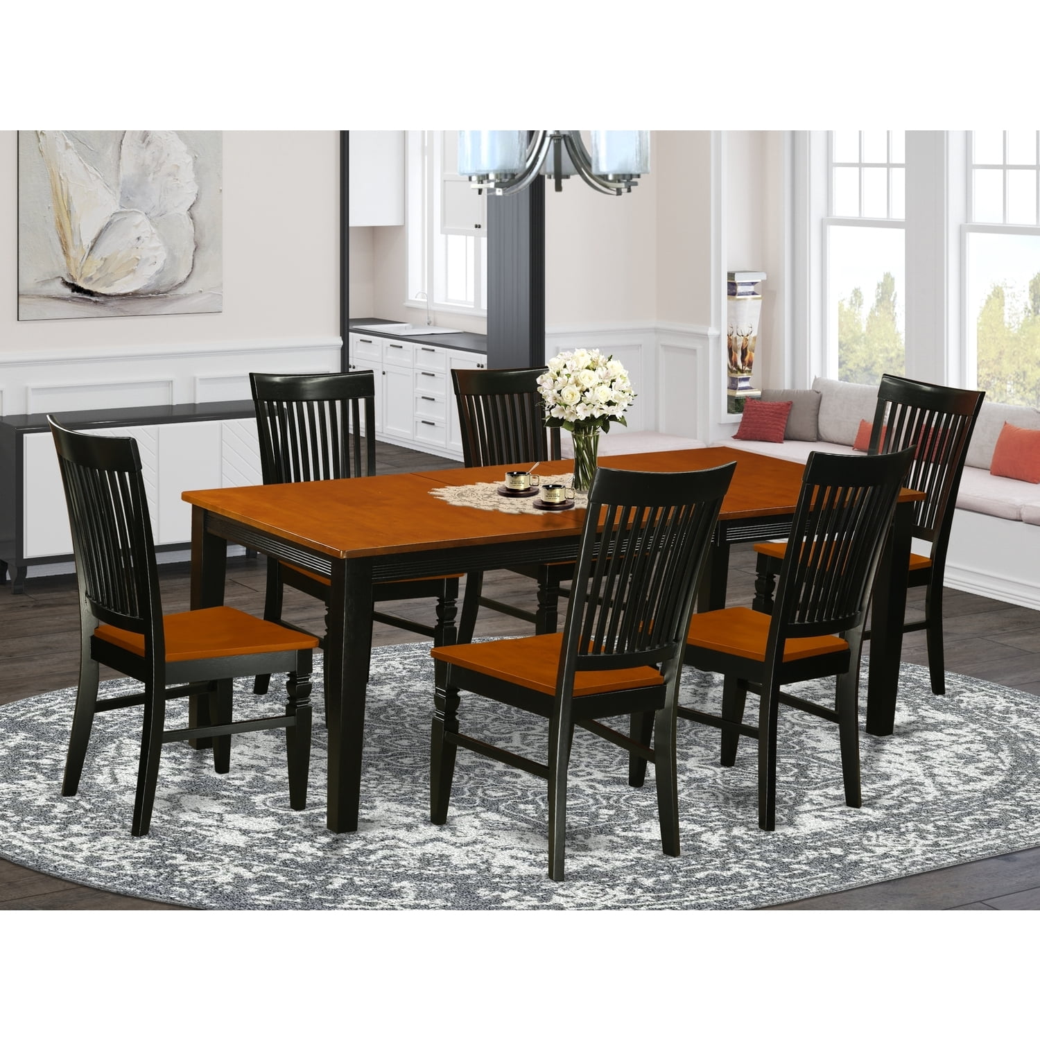 Kitchen Dining Set 7 Piece Table & Chairs Wood Set Black Cherry Finish ...