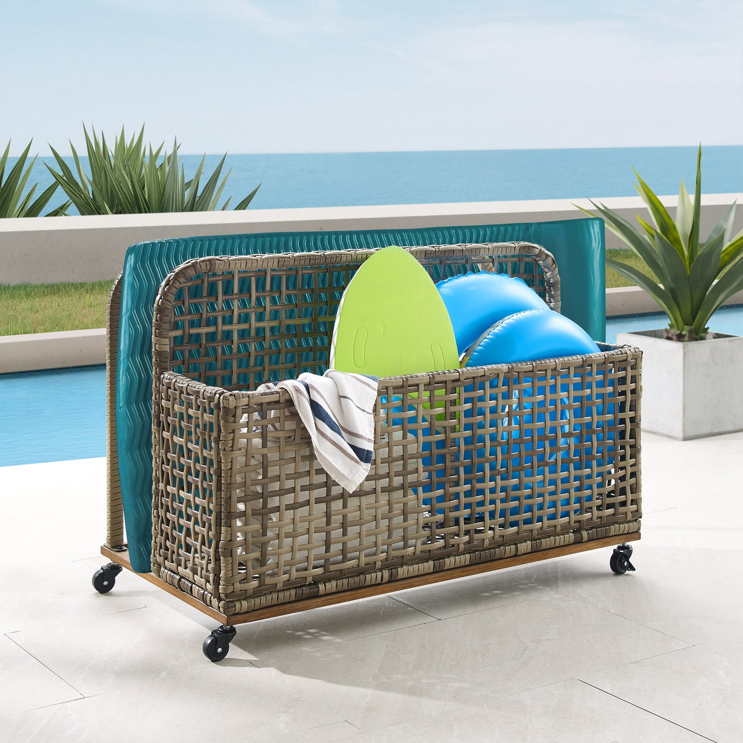 HomeStock Rustic Retreat Outdoor Wicker and Metal Pool Storage Caddy ...