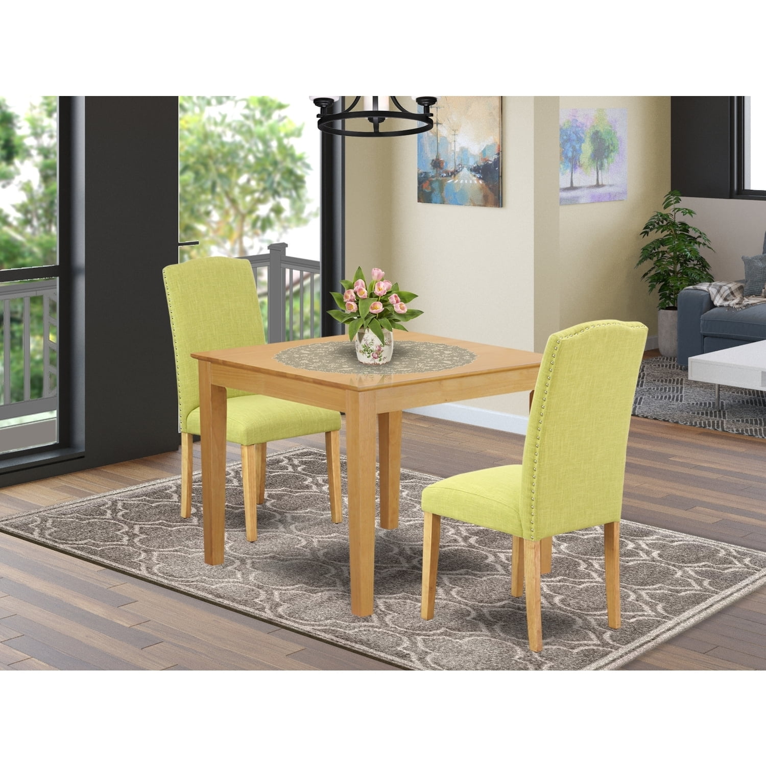 Rustic Dining Set 3Pc Square Table & 2 Parson Chairs - Oak Legs, Linen ...