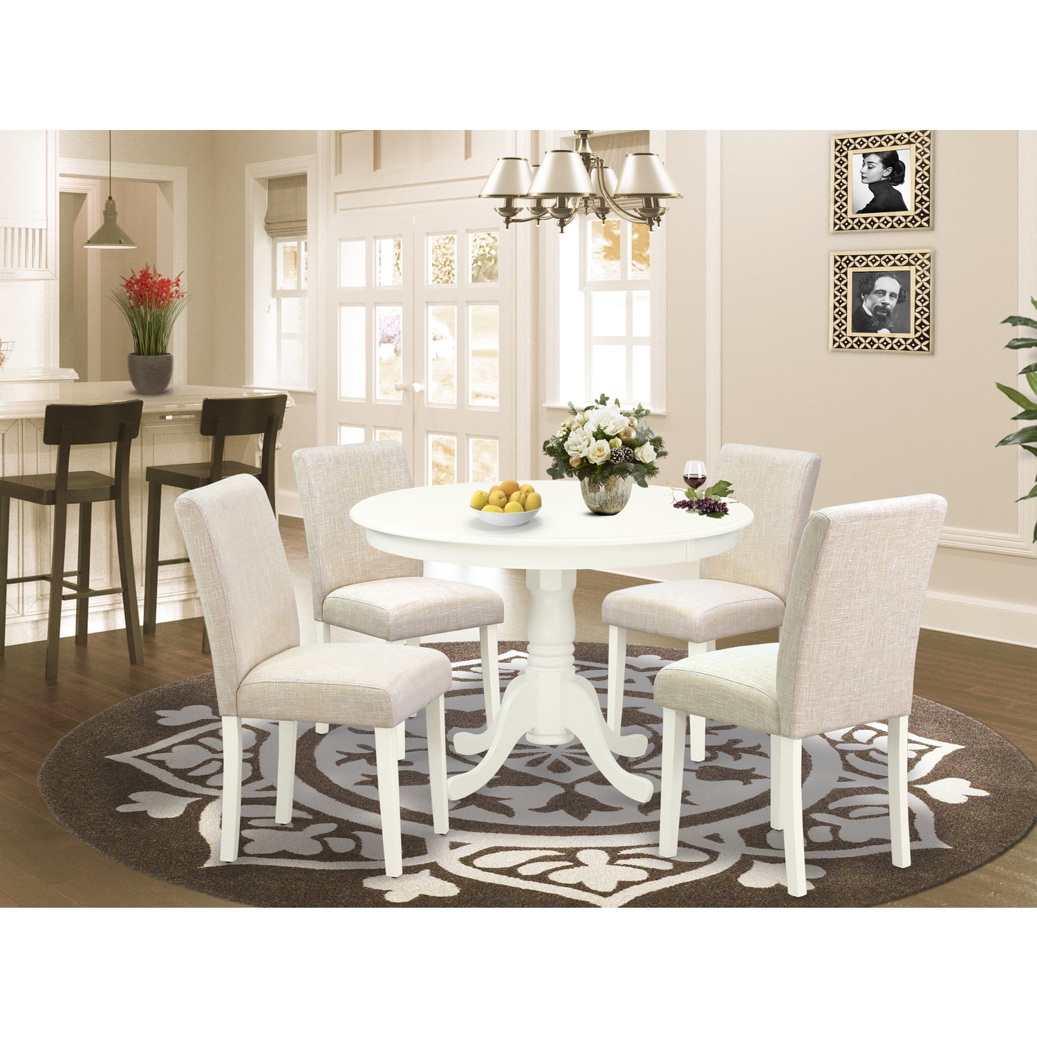Round Dinette Set 5Pc - 42 Inch Table & 4 Parsons Chairs - Rustic ...
