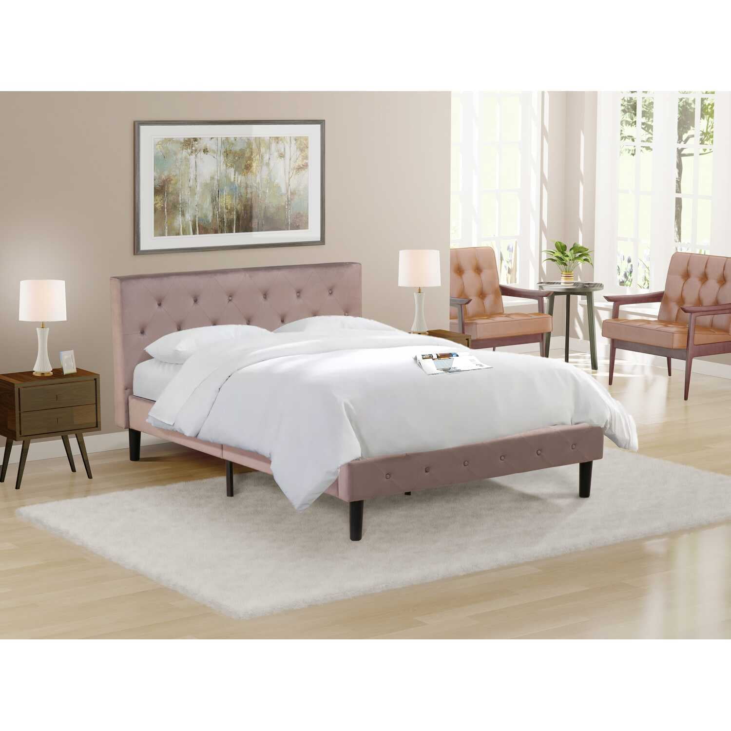 HomeStock Rustic Revival Furniture Platform Bed - Button Tufted Velvet ...