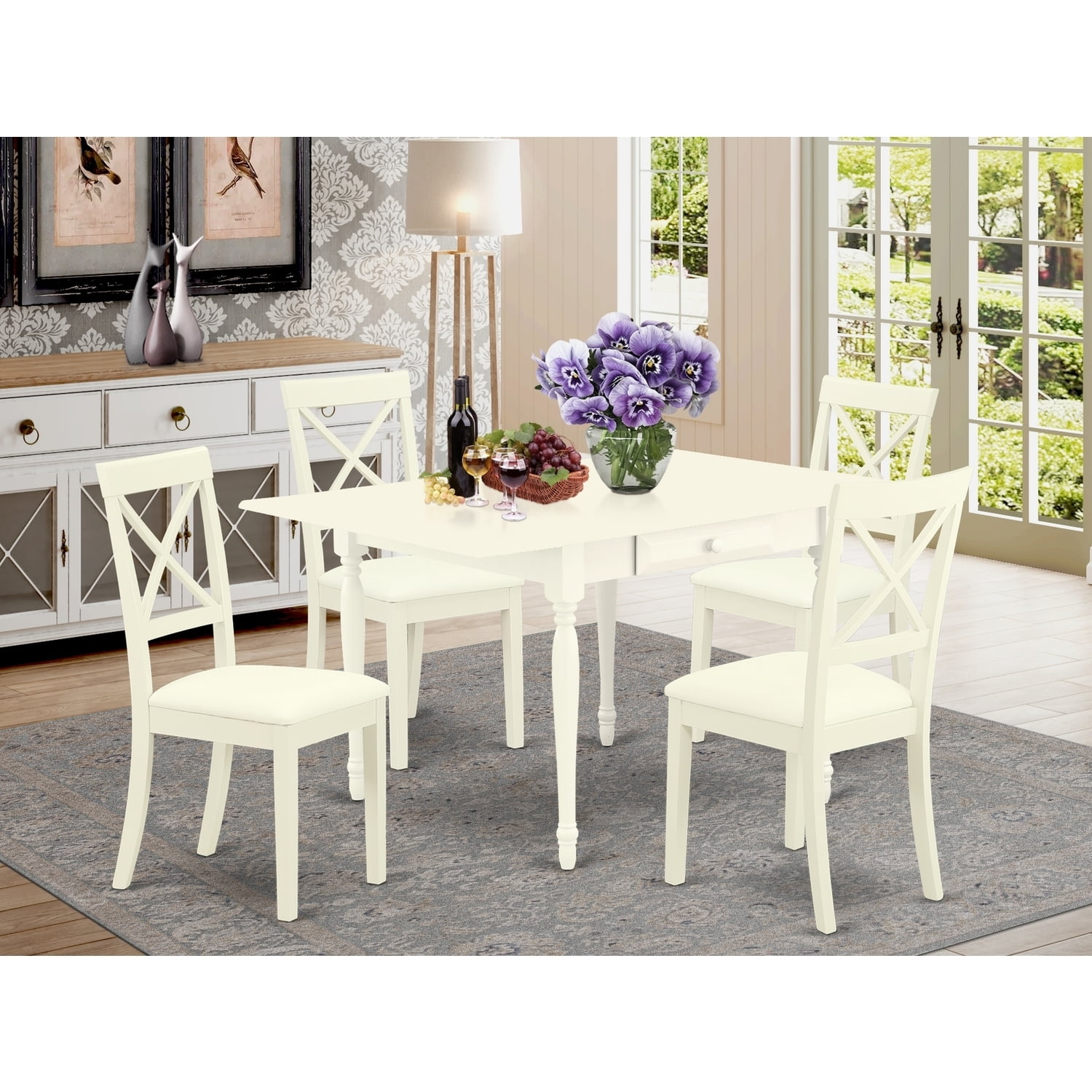 5-Piece Dinette Set - Linen White Table & Chairs - Drop Leaf Kitchen Table with Faux Leather ...