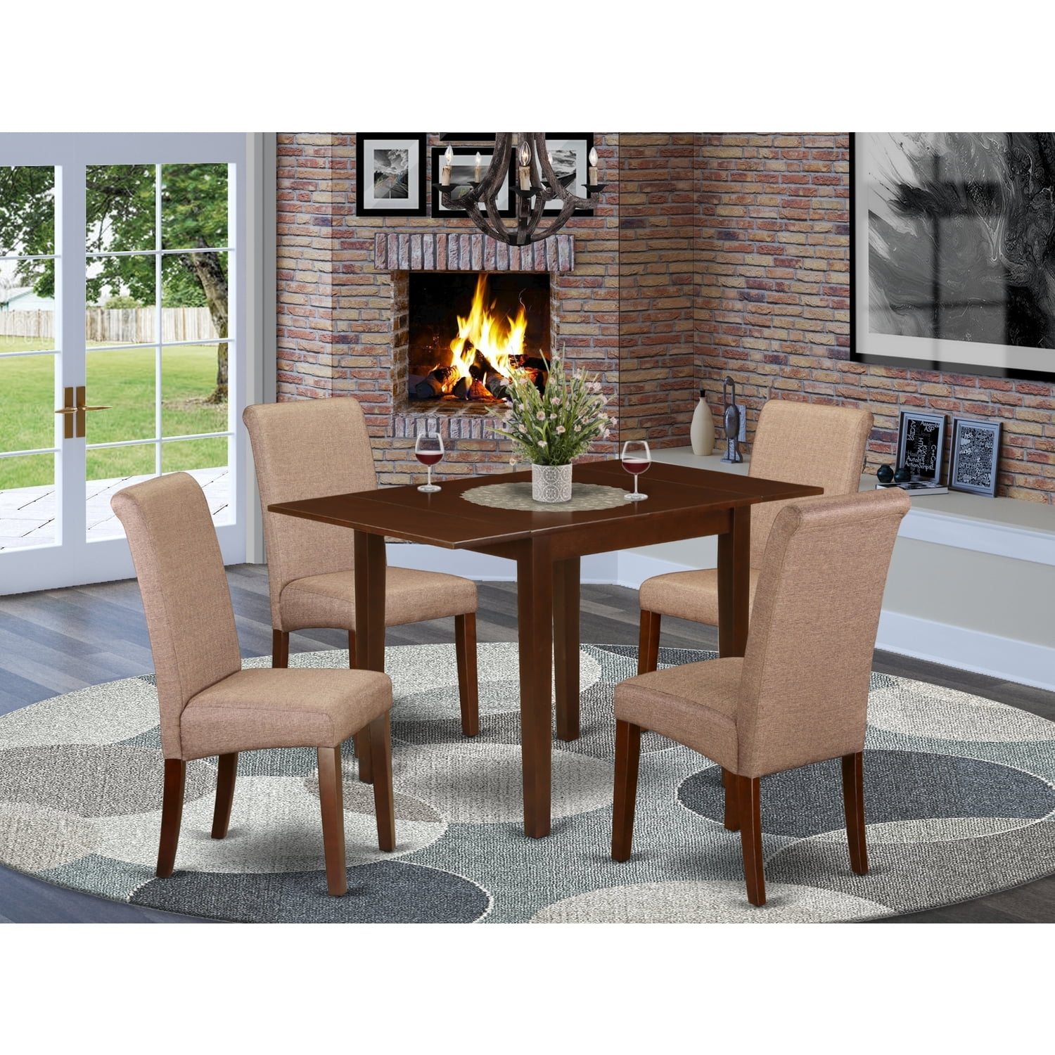Modern 5 Piece Dining Set - Solid Wood Table & 4 Chairs - Linen Fabric ...