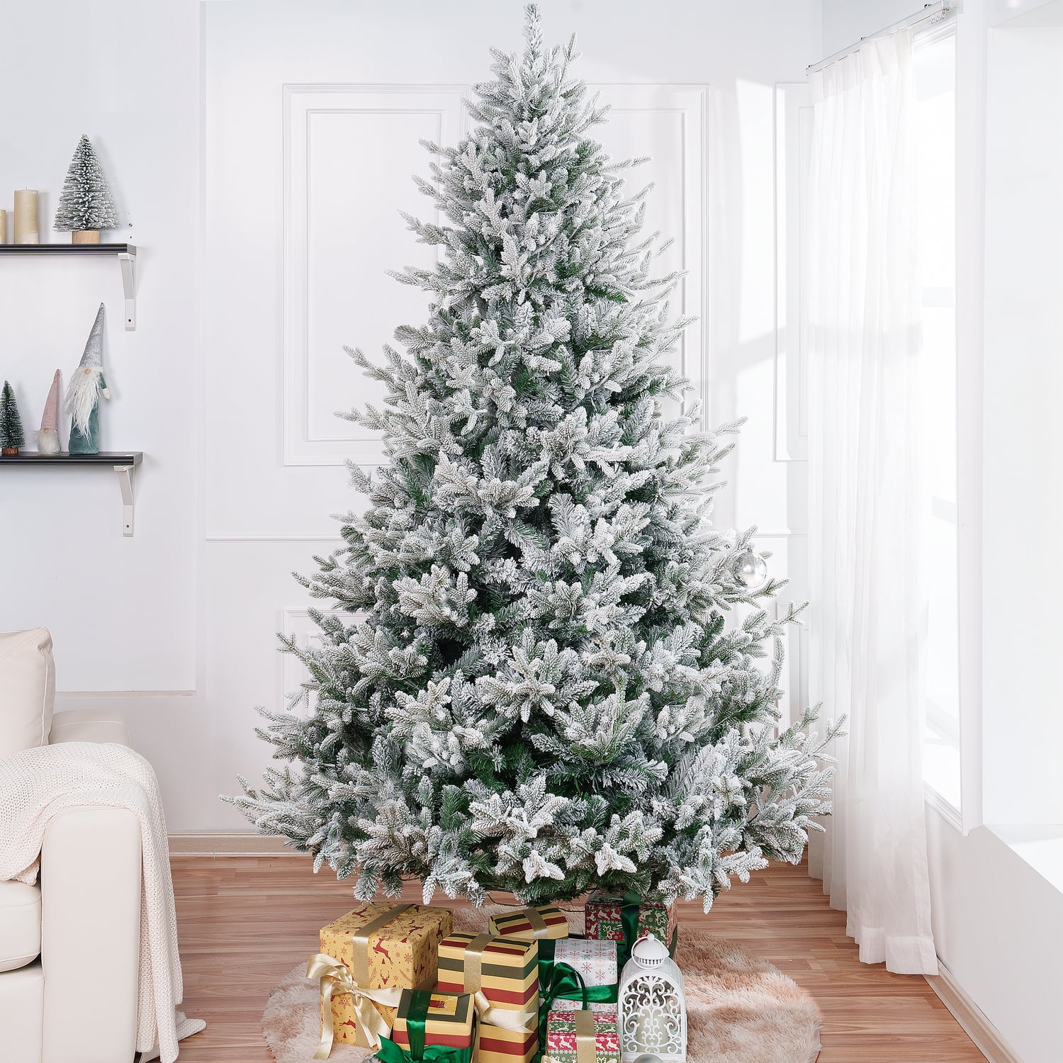 Ginebra Snow Flocked Christmas Tree Prelit, Realistic Snowy Frosted ...