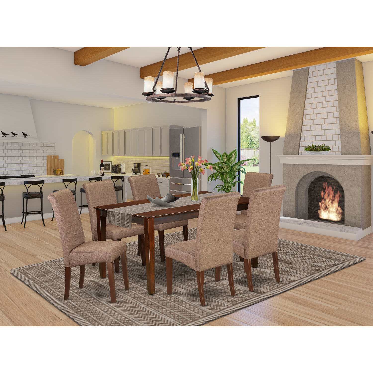 Kitchen Table Set 7Pc Dining Table w/ Linen Brown Chairs - Modern ...