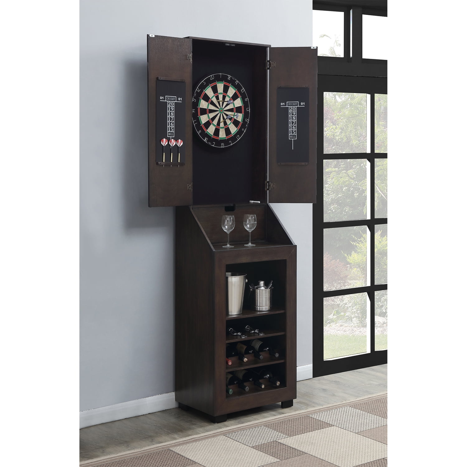 Dartboard Cabinet with Storage - Game Room Cabinet, Wine Rack, Dart ...