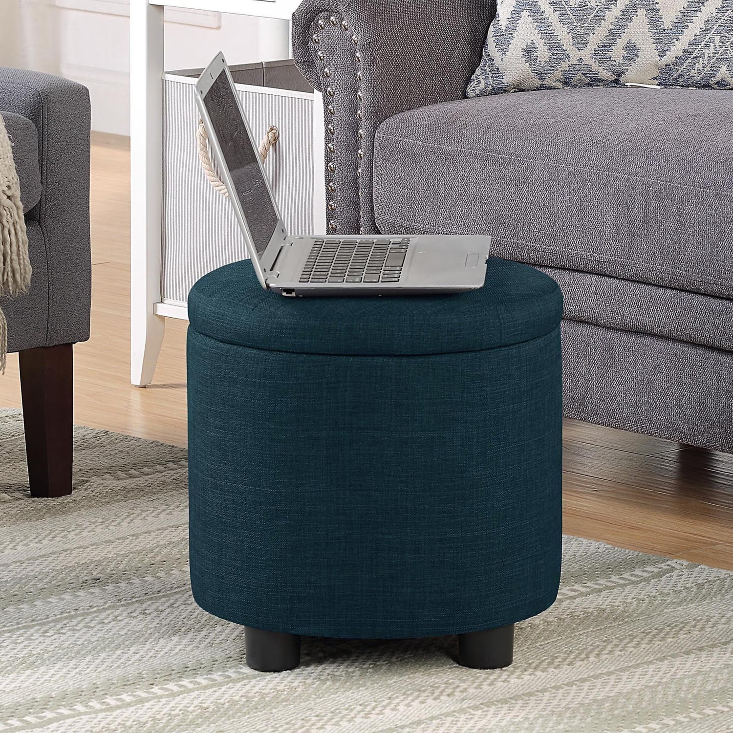 Round Storage Ottoman with Tray Lid - Accent Footrest, Modern Decor ...