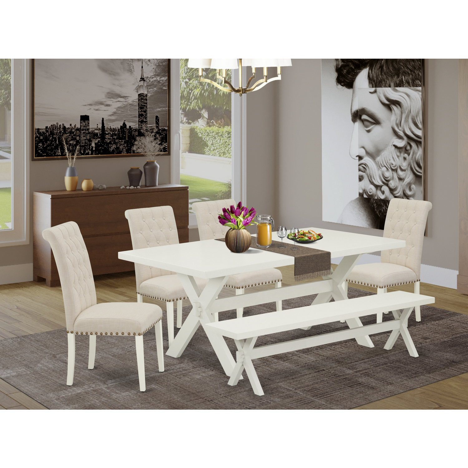 HomeStock Southwestern Style 6-Piece Table Dining Set-Light Beige Linen ...