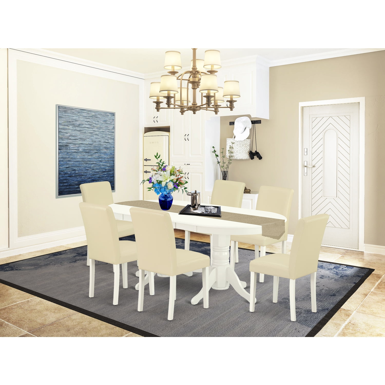Southwestern Dining Set 7Pc - Table & 6 Chairs - Linen White Legs - PU ...