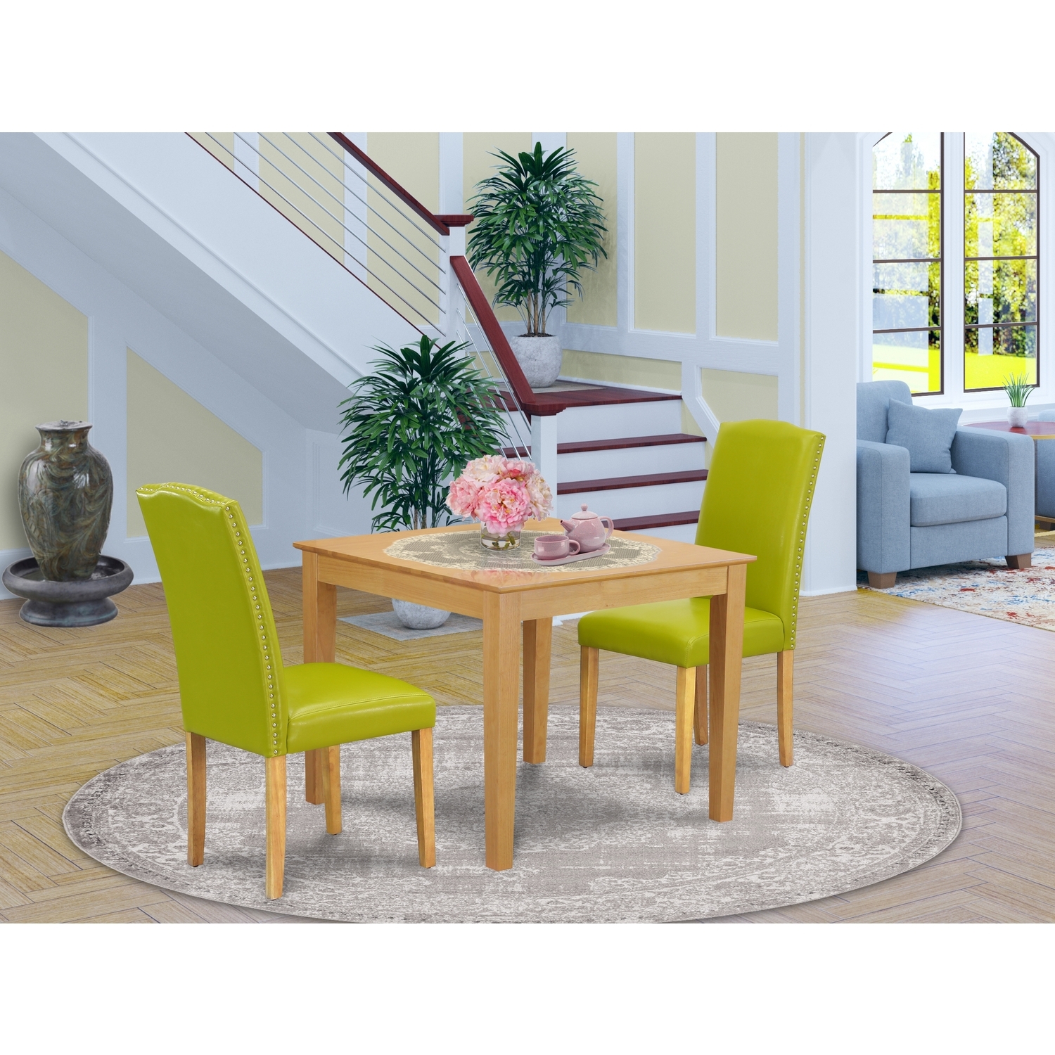 Square Dining Set 3Pc Table & Chairs - Green PU Leather - Oak Legs - 36 ...