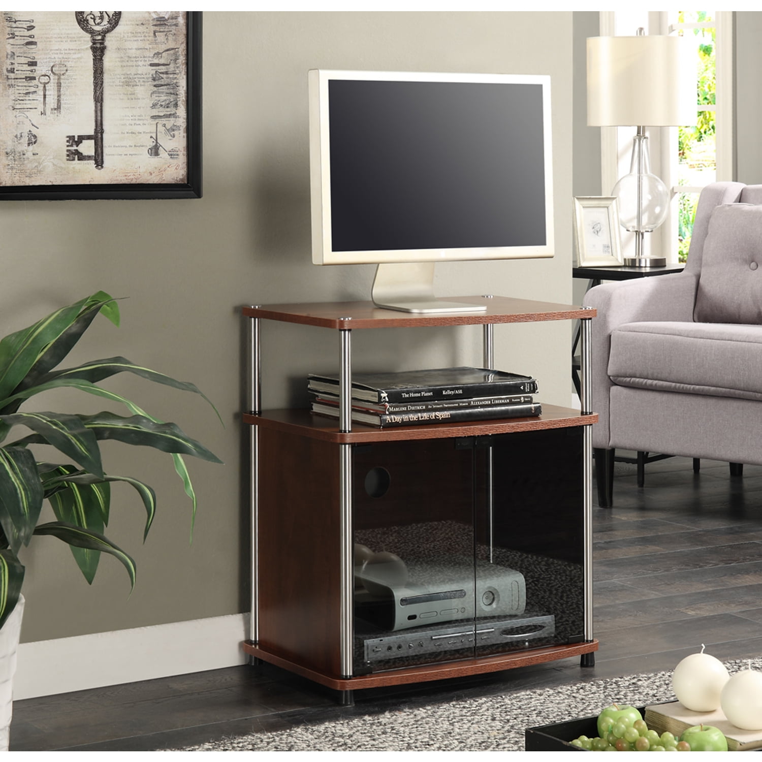 HomeStock TV Stand with Black Glass Storage Cabinet and Shelf - Walmart.com