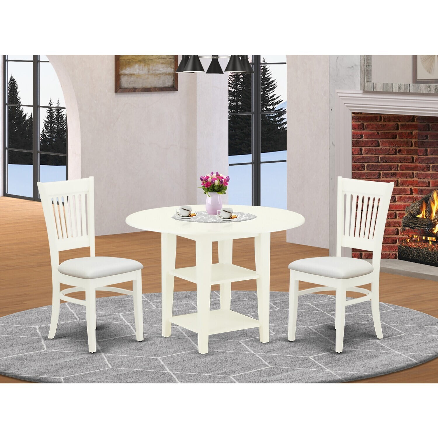 Modern 3-Piece Wood Dining Set - Round Table & 2 Chairs - Linen White ...