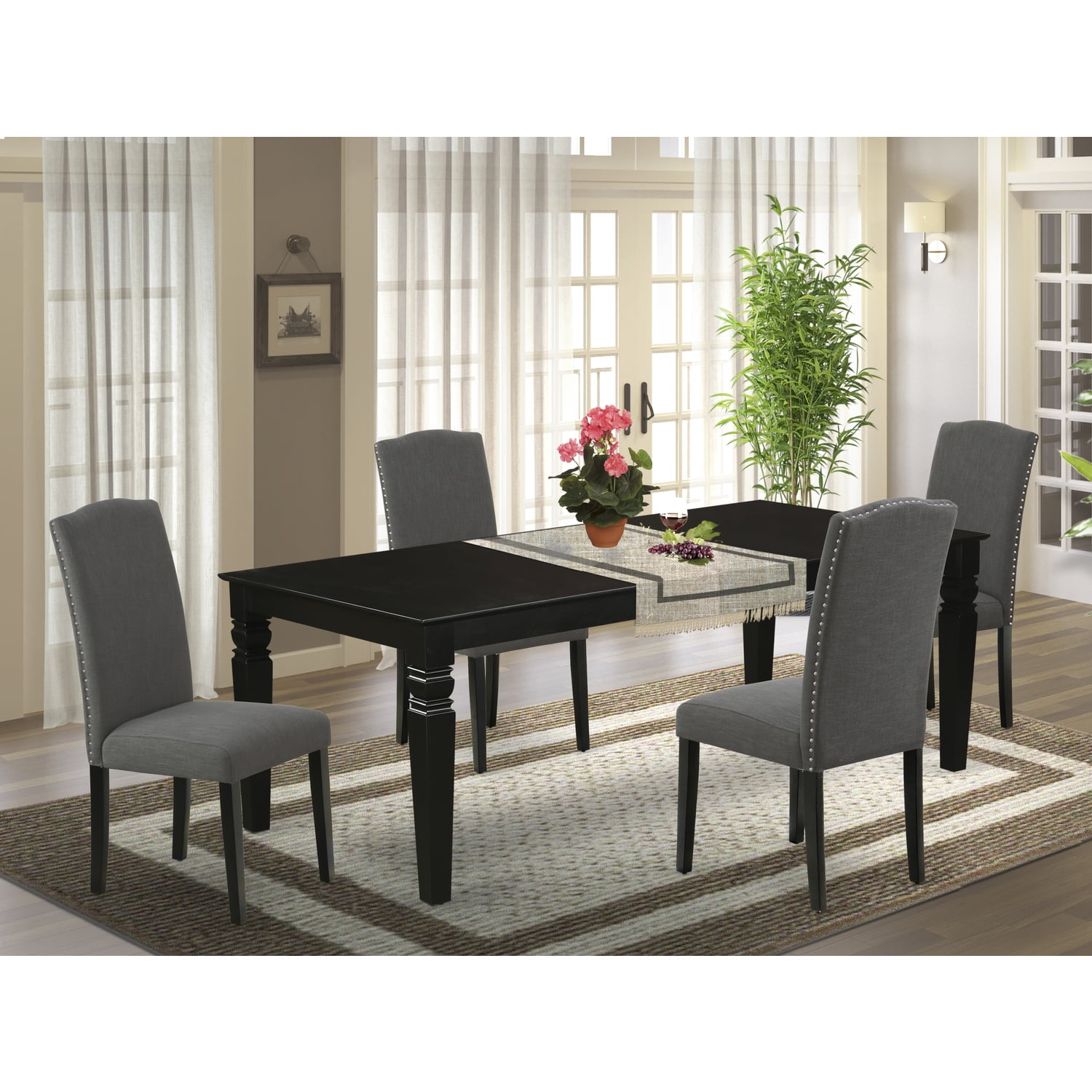 Rectangular Dining Set - 66/84 Inch Table with Leaf & 4 Parsons Chairs ...