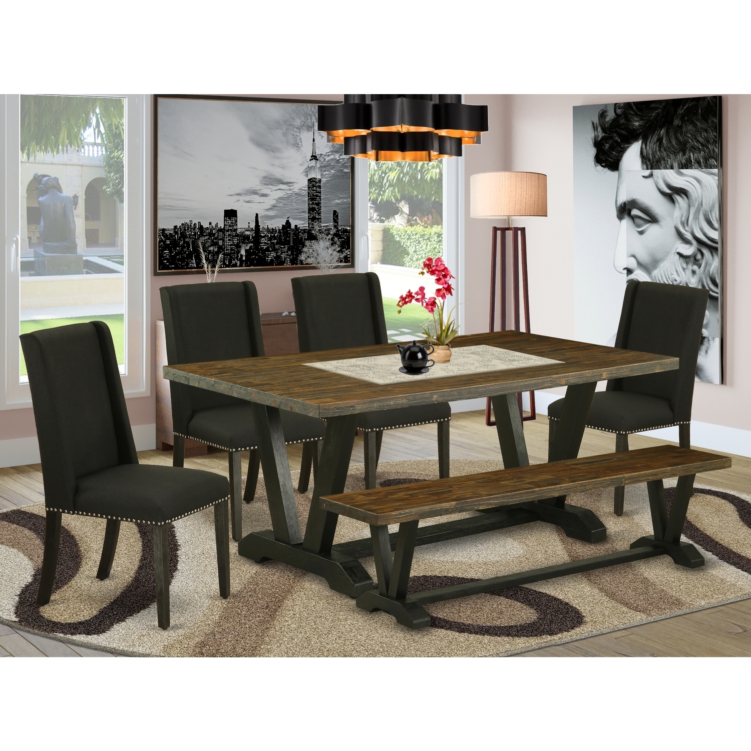 HomeStock Tribal Treasures 6-Pc Dining Room Table Set-Black Linen ...