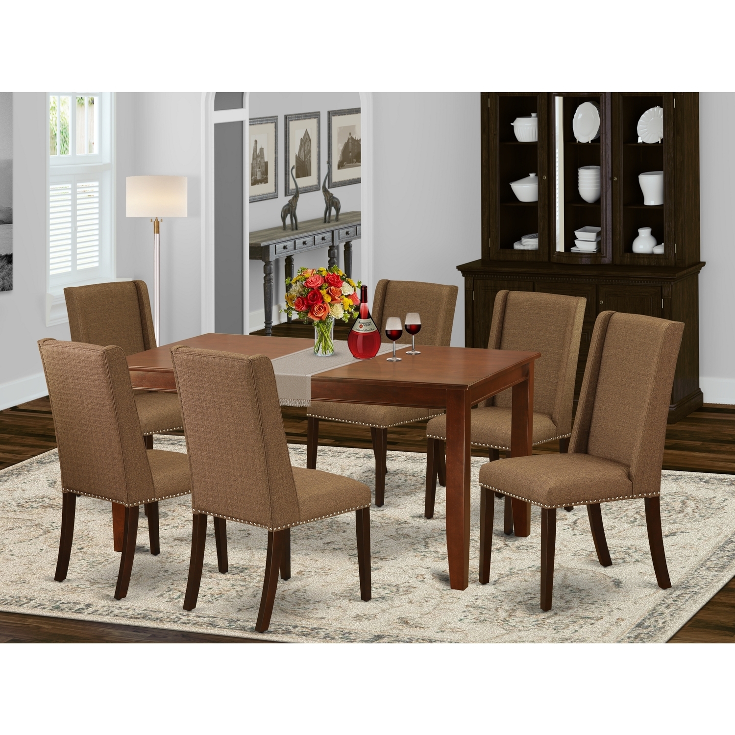 HomeStock Tuscan Temptations Furniture Dufl7-Mah-18 7-Piece Kitchen Dining Table Set- 6 Parson ...