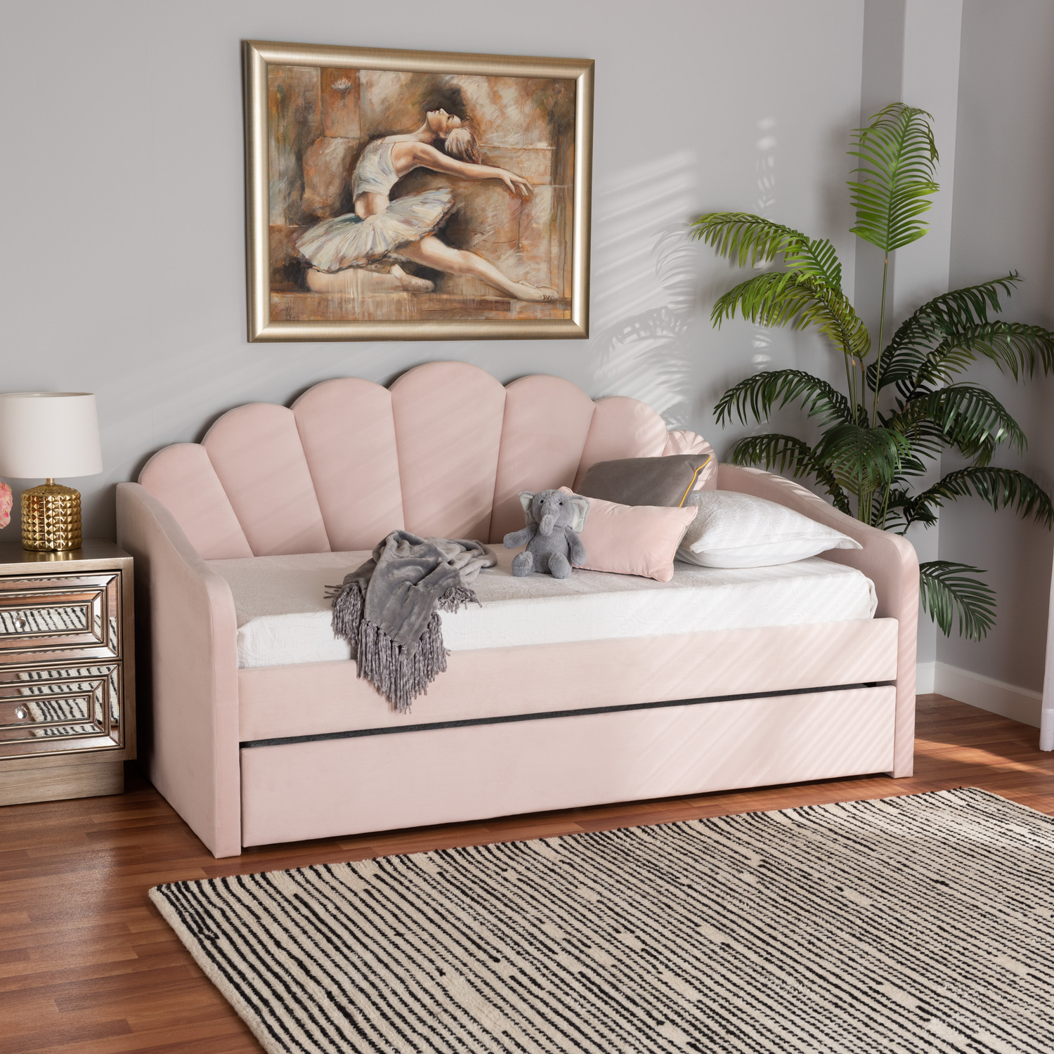 Velvet Daybed with Trundle - Twin Size Upholstered Daybed - Light Pink ...