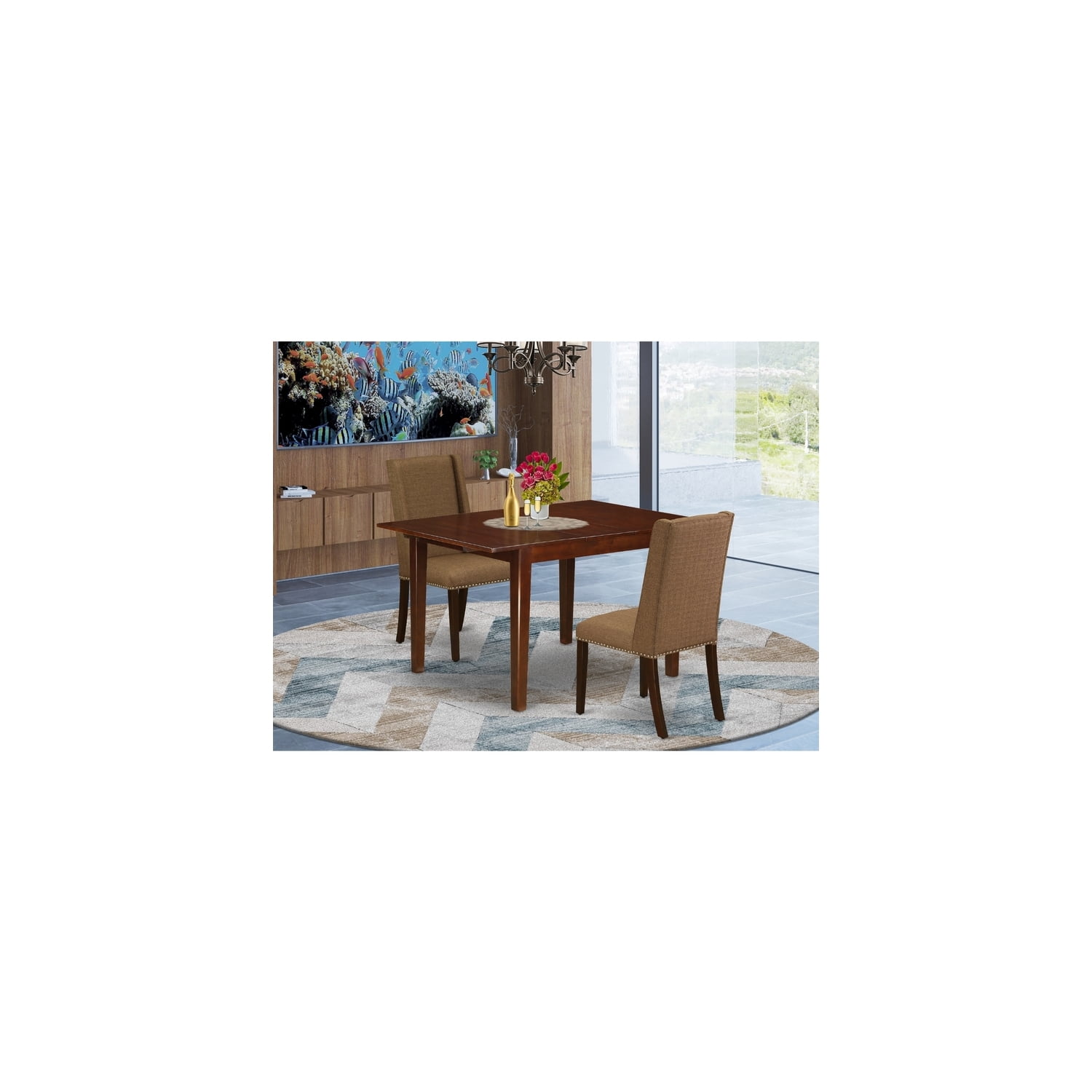 3-Piece Dining Set - Linen Fabric Chairs & Leaf Table - Brown Beige ...
