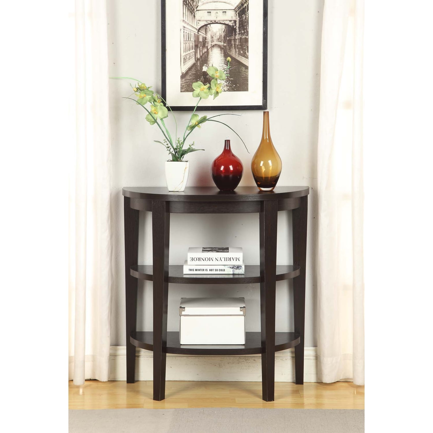 3 Shelf Console Table - Modern Storage Unit, Espresso Woodgrain Finish ...