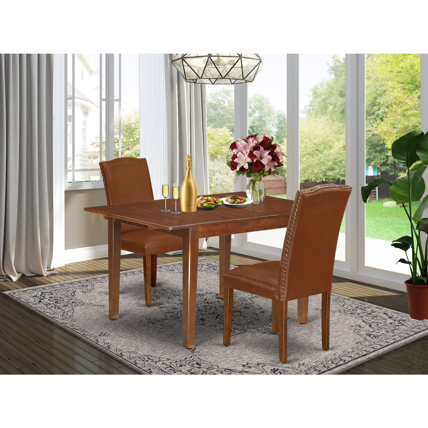 Rectangular Dining Table Set - 3pc Table w/ Butterfly Leaf & 2 Parsons Chairs - Brown Faux ...