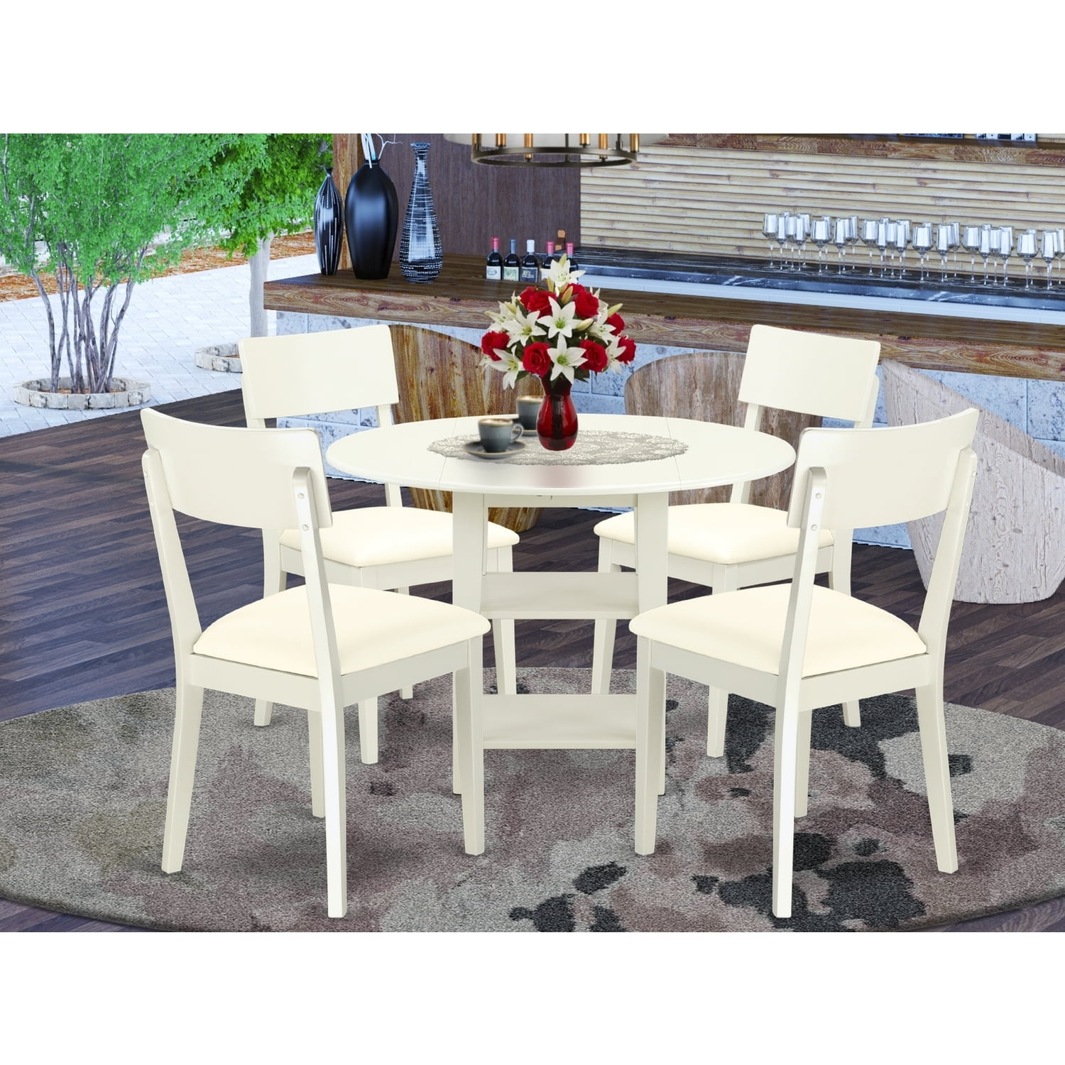 5 Piece Dinette Set - Round Table & 4 Chairs - Linen White Finish ...