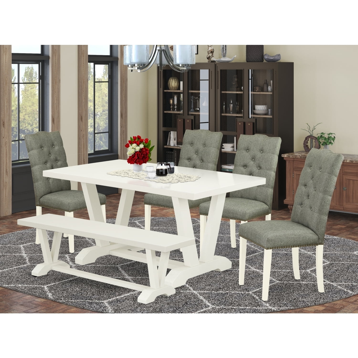 Modern 6-Piece Dinette Set - Dining Table, 4 Chairs, Bench - Linen ...