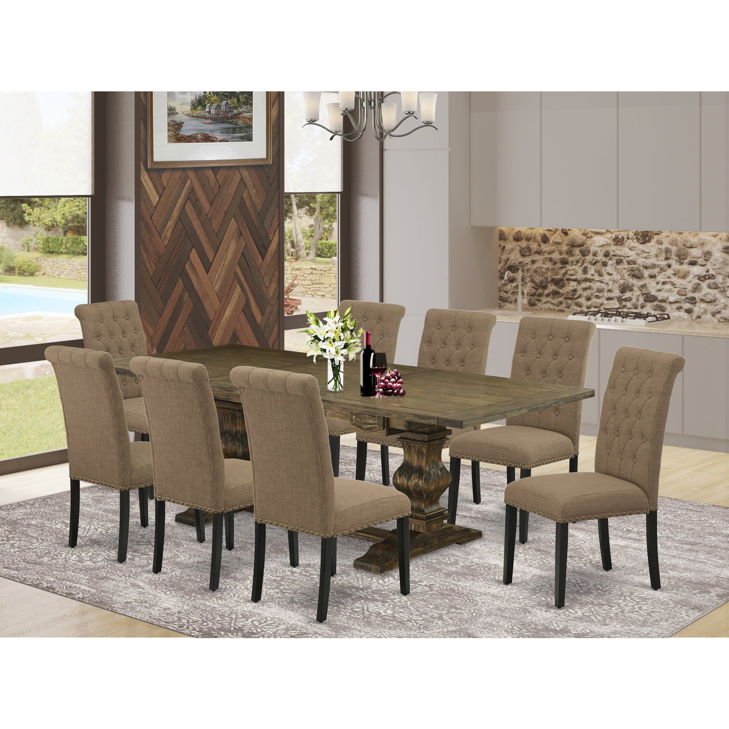 9-Piece Kitchen Dining Set - Rectangular Table8 Linen Fabric Chairs ...