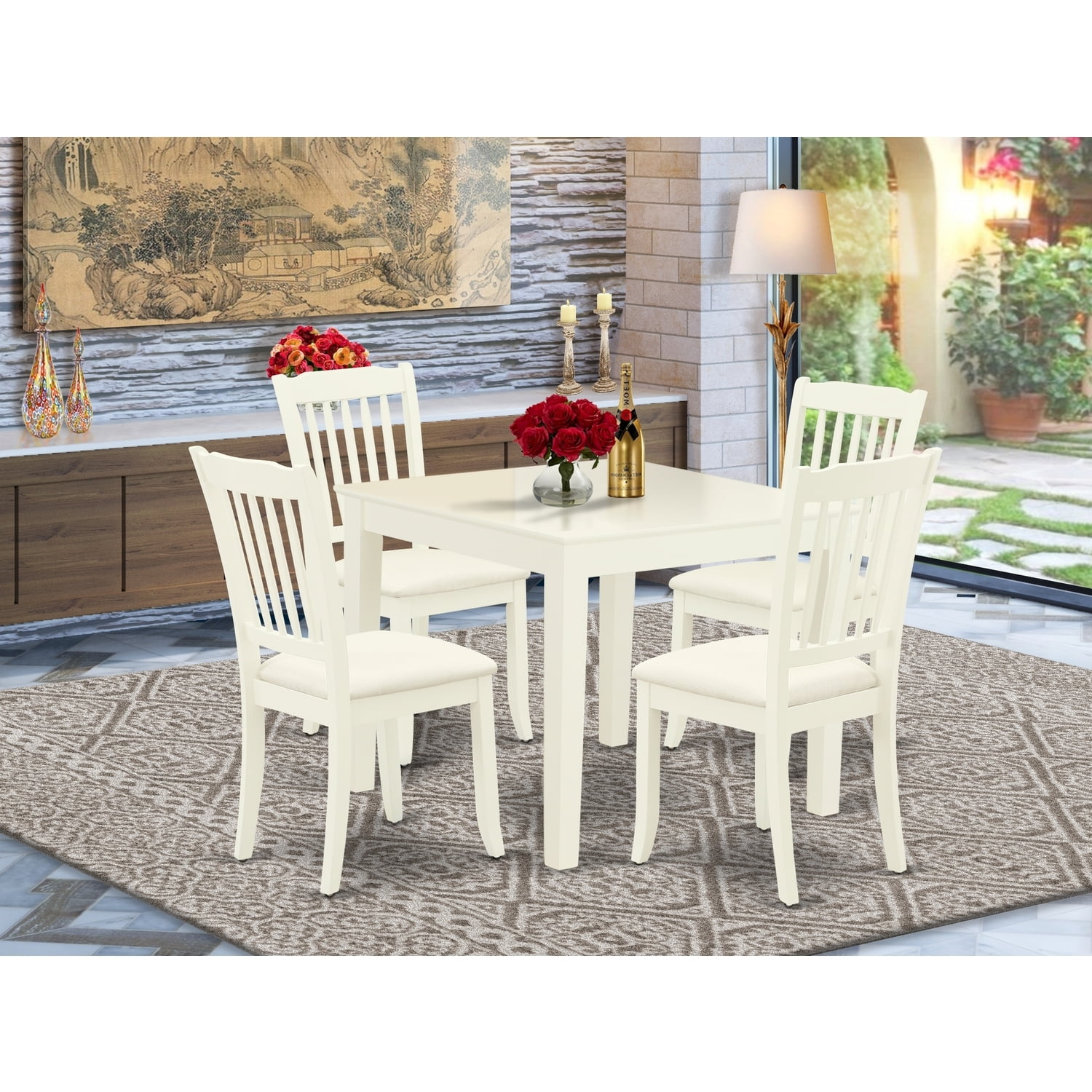 5-Piece Dining Set - Square Table & 4 Kitchen Chairs - Linen White ...
